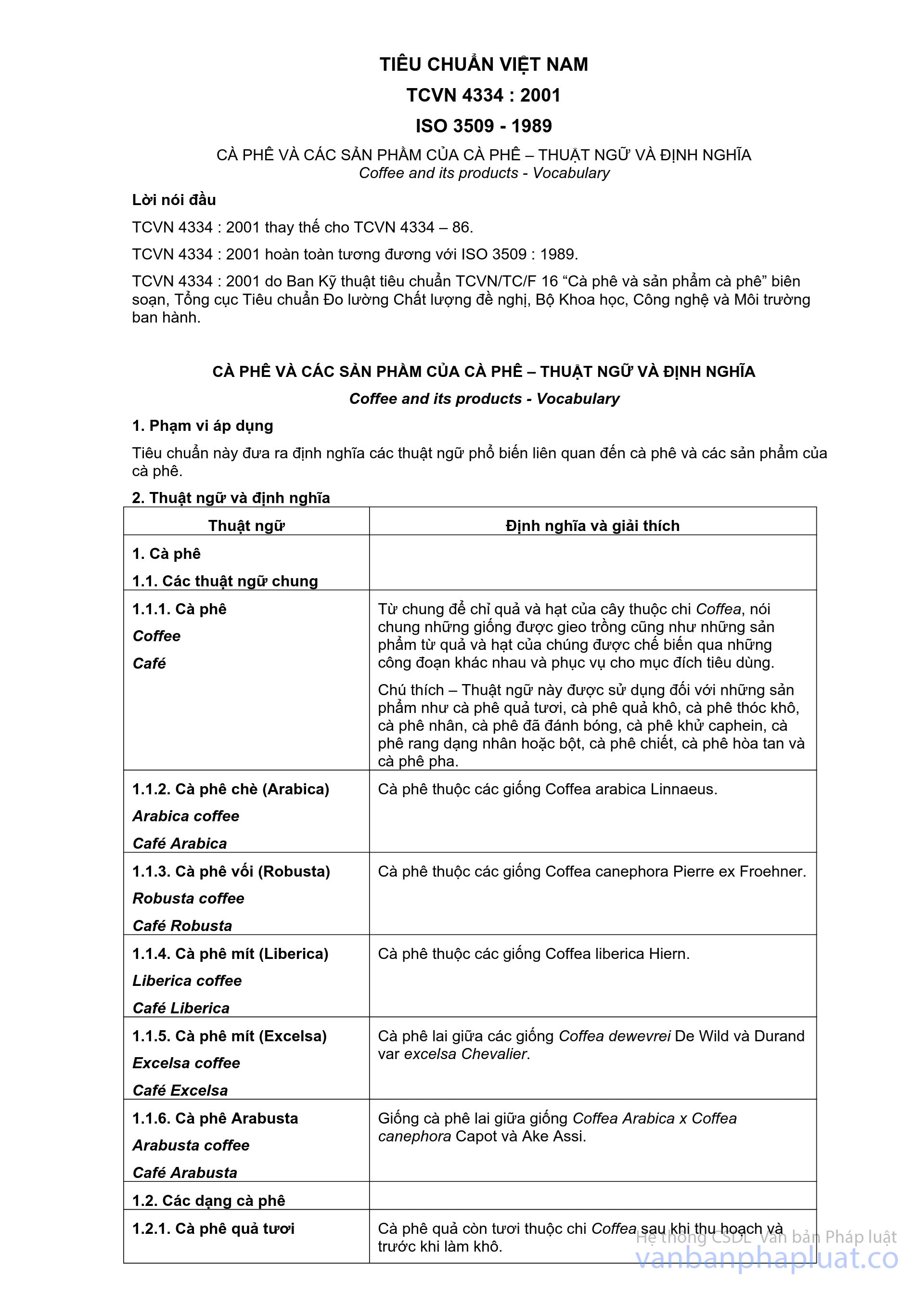 Tiêu chuẩn Việt Nam TCVN 4334:2001 (ISO 3509 - 1989) về cà phê và các ...