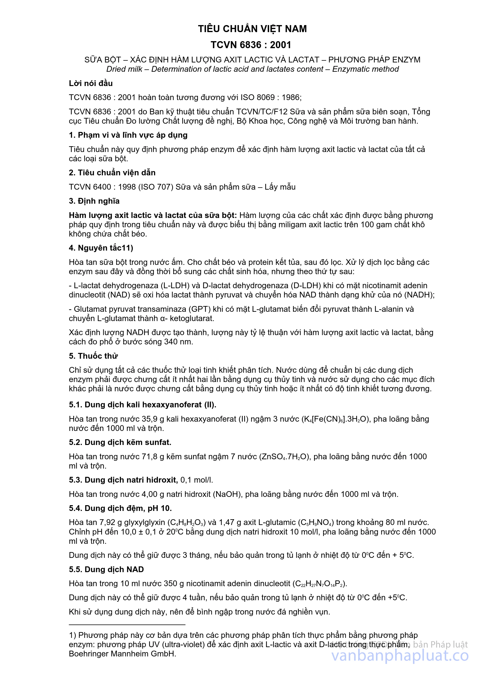 Tiêu chuẩn Việt Nam TCVN 6836:2001 (ISO 8069 : 1986) về sữa bột - xác định hàm lượng axit lactic ...