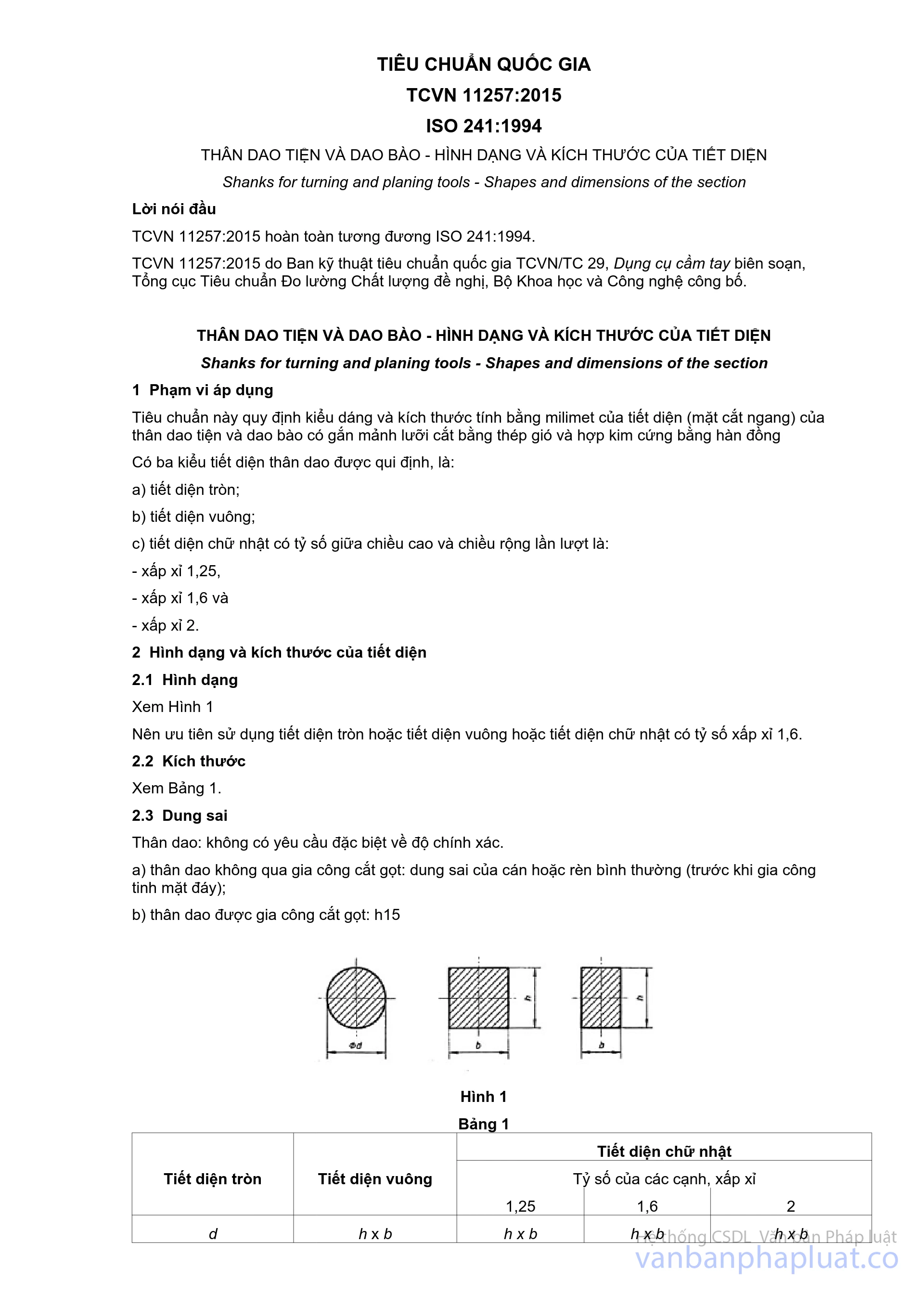 Tiêu chuẩn quốc gia TCVN 11257:2015 (ISO 241:1994) về Thân dao tiện và dao bào - Hình dạng và ...