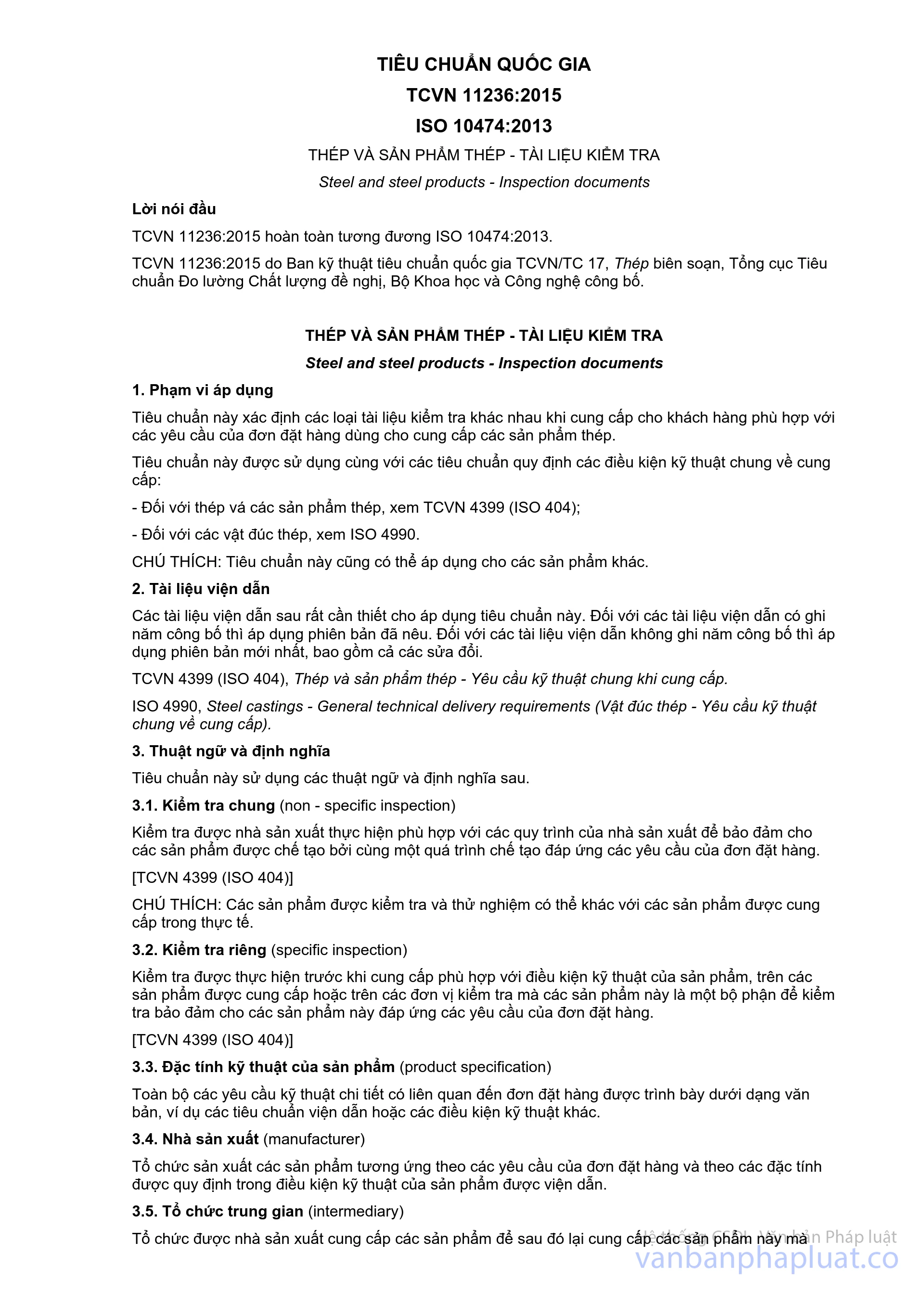 Tiêu chuẩn quốc gia TCVN 11236:2015 (ISO 10474:2013) về Thép và sản ...
