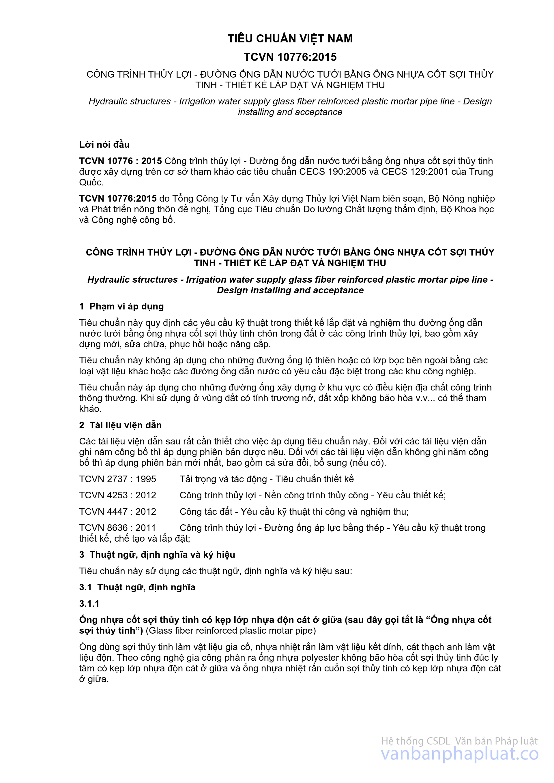 Tiêu chuẩn quốc gia TCVN 10776:2015 về Công trình thủy lợi – Đường ống ...