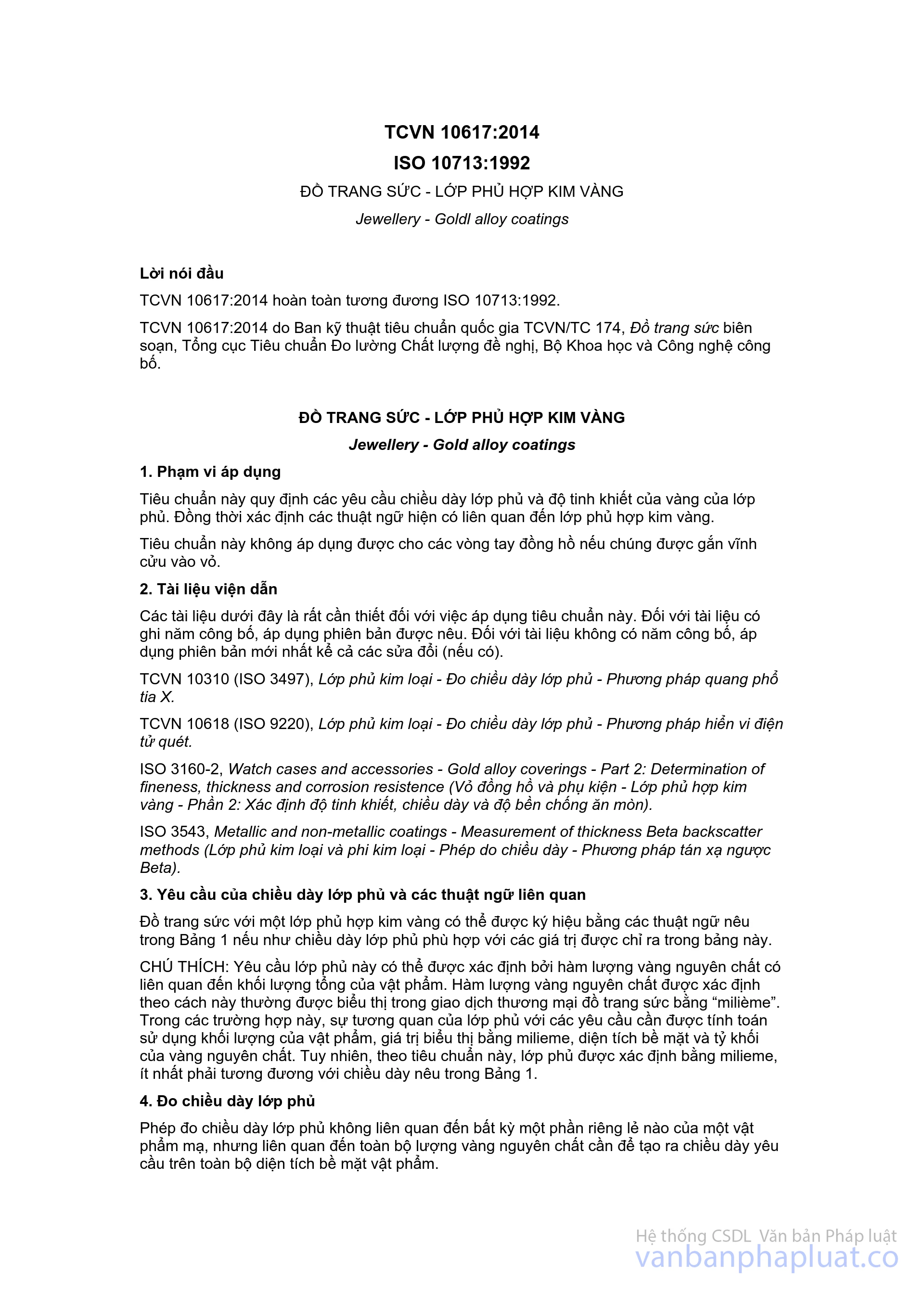 Tiêu chuẩn quốc gia TCVN 10617:2014 (ISO 10713:1992) về Đồ trang sức - Lớp phủ hợp kim vàng