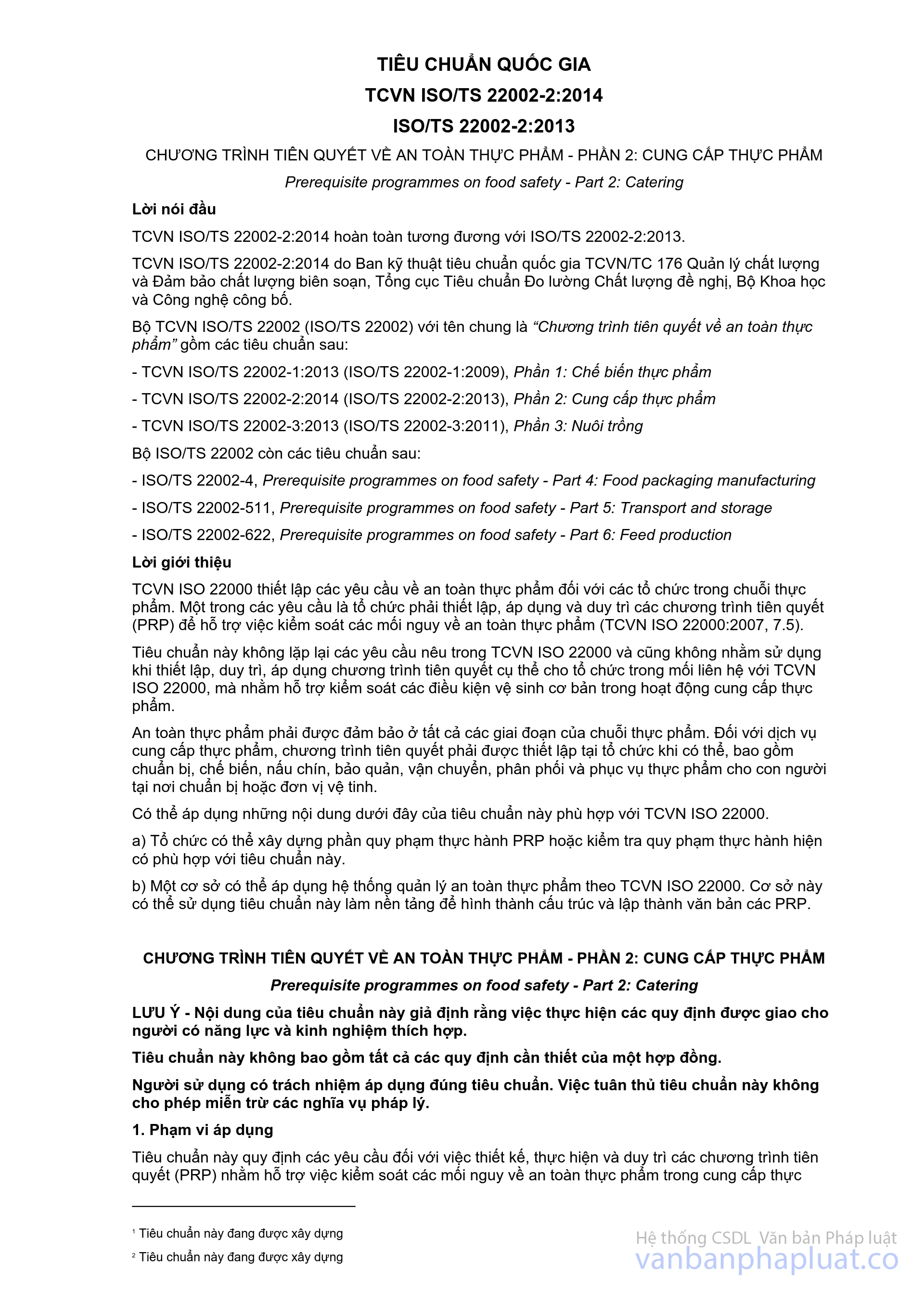 Tiêu chuẩn quốc gia TCVN ISO/TS 22002-2:2014 (ISO/TS 22002-2:2013) về ...
