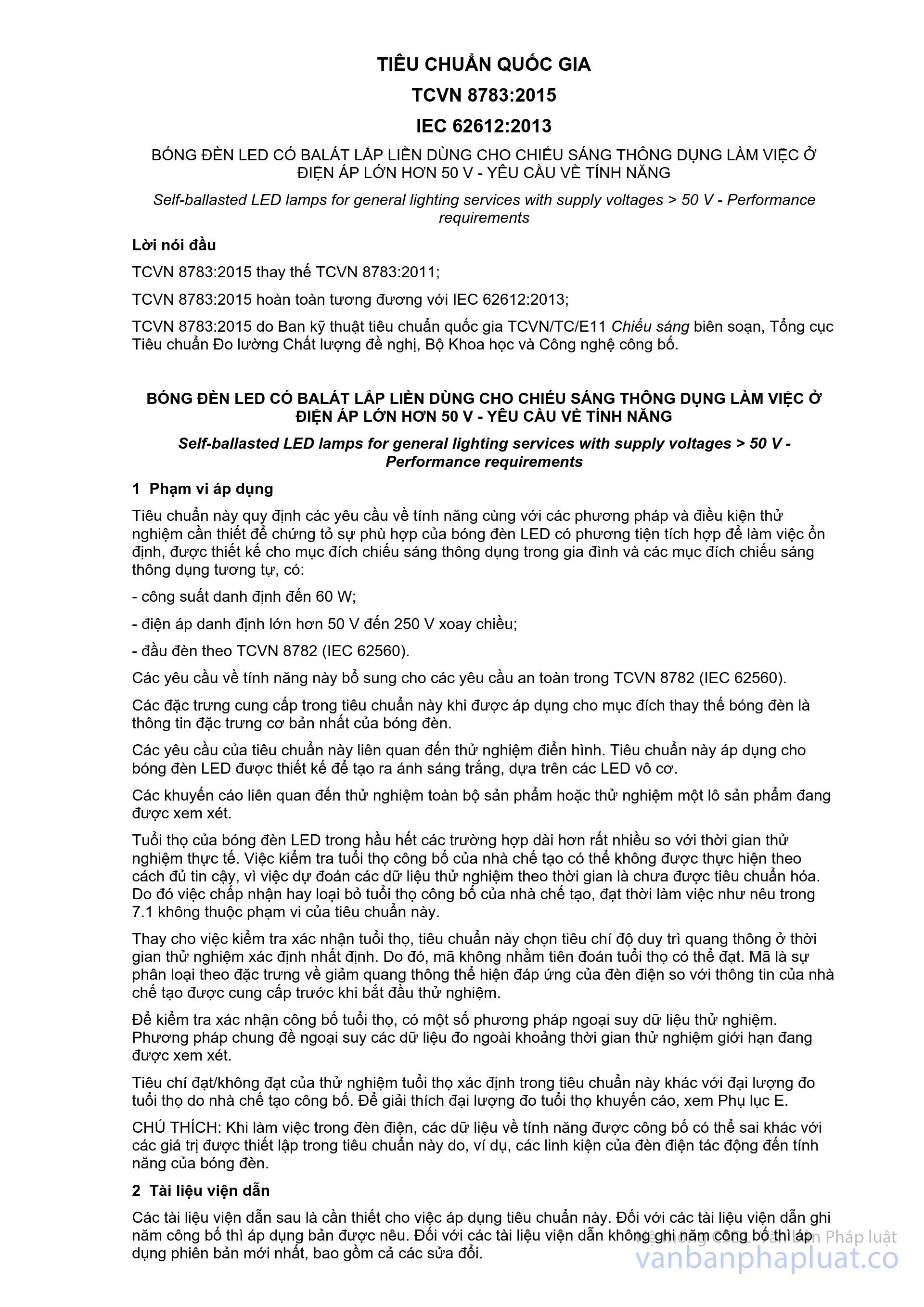 Tiêu chuẩn quốc gia TCVN 8783:2015 (IEC 62612:2013) về Bóng đèn LED có ...