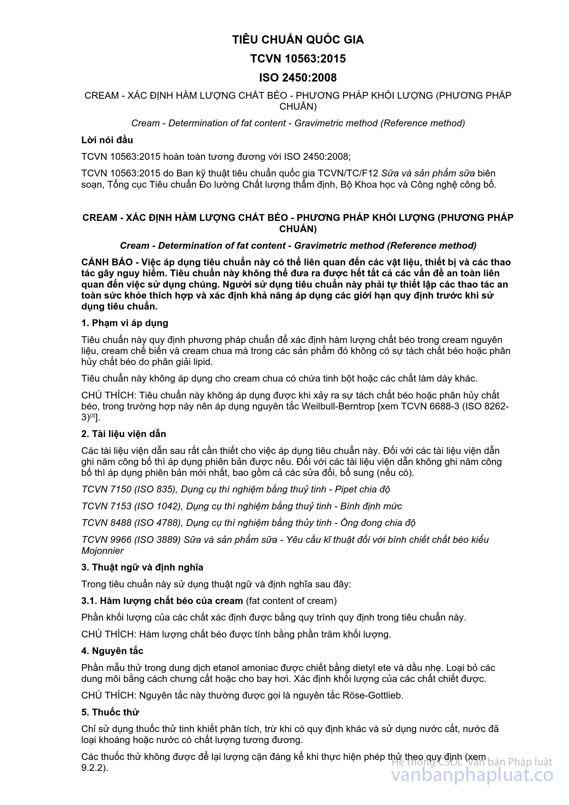 Tiêu chuẩn quốc gia TCVN 10563:2015 (ISO 2450:2008) về Cream - Xác định ...