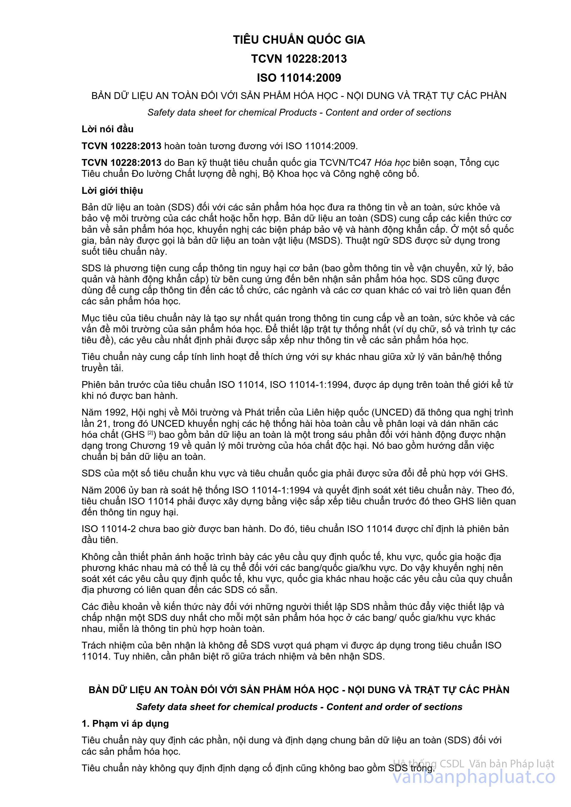 Tiêu chuẩn quốc gia TCVN 10228:2013 (ISO 11014:2009) về Bản dữ liệu an toàn đối với sản phẩm hóa ...