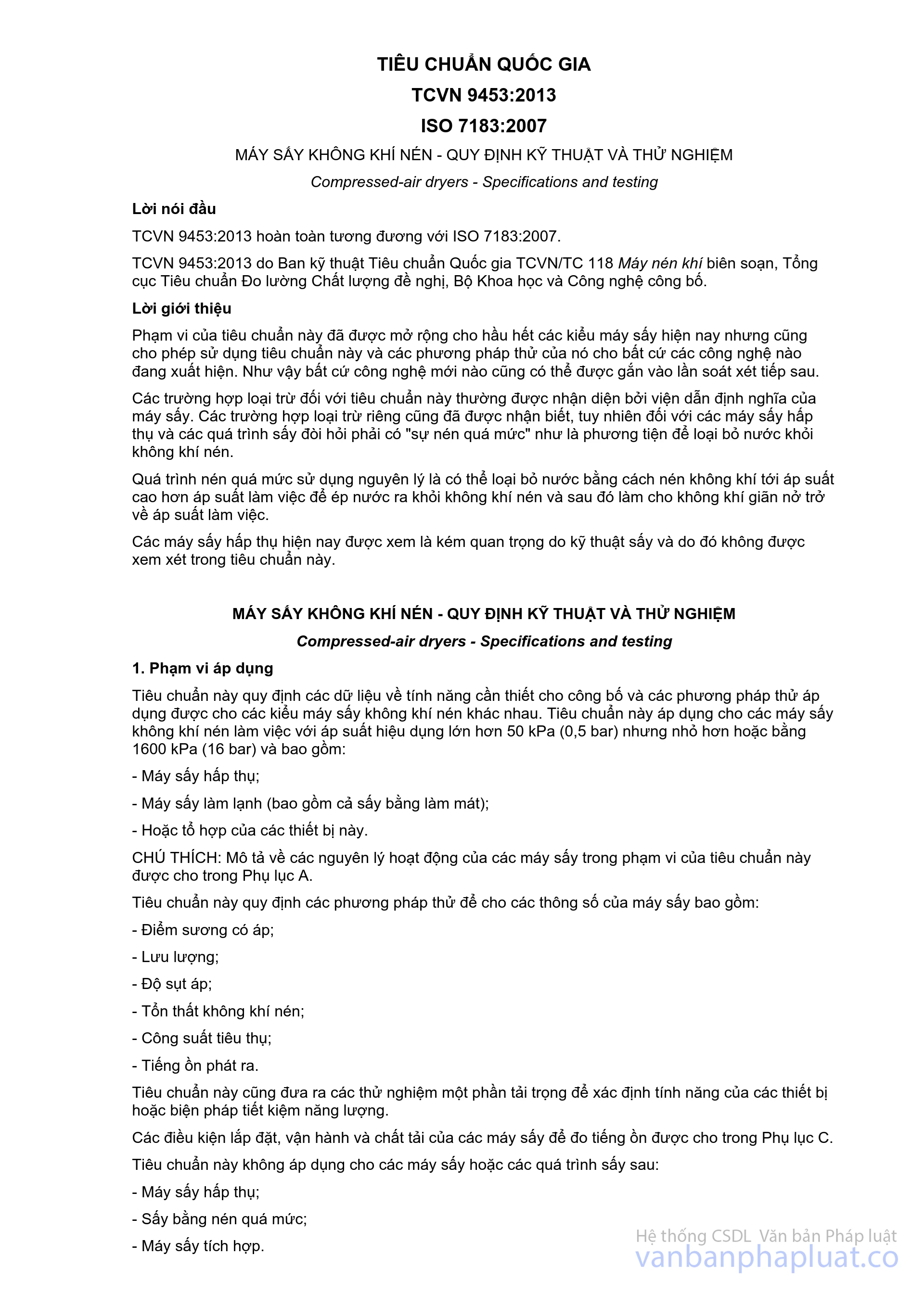 Tiêu chuẩn quốc gia TCVN 9453:2013 (ISO 7183:2007) về Máy sấy không khí ...