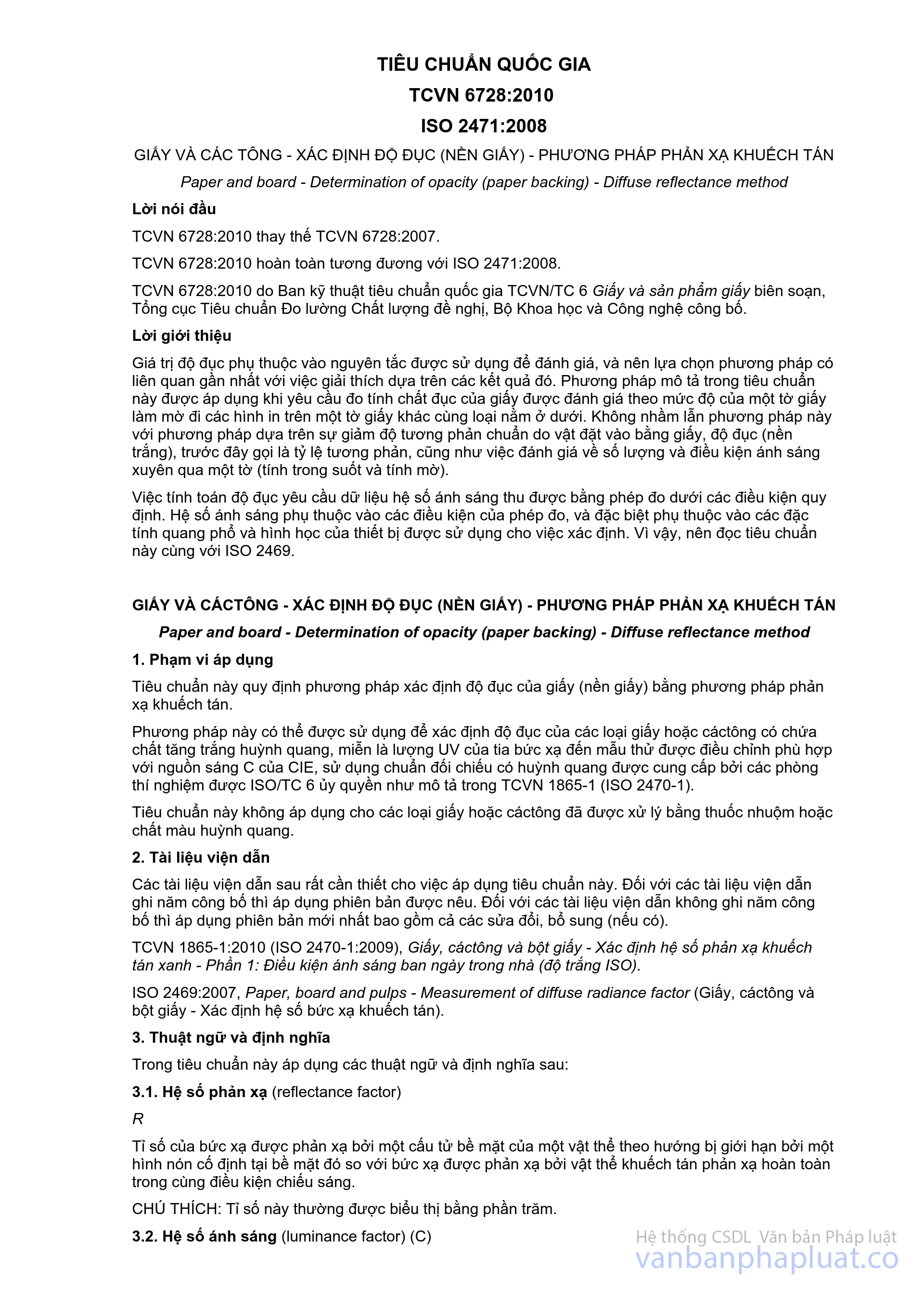 Tiêu chuẩn quốc gia TCVN 6728:2010 (ISO 2471:2008) về Giấy và cáctông ...