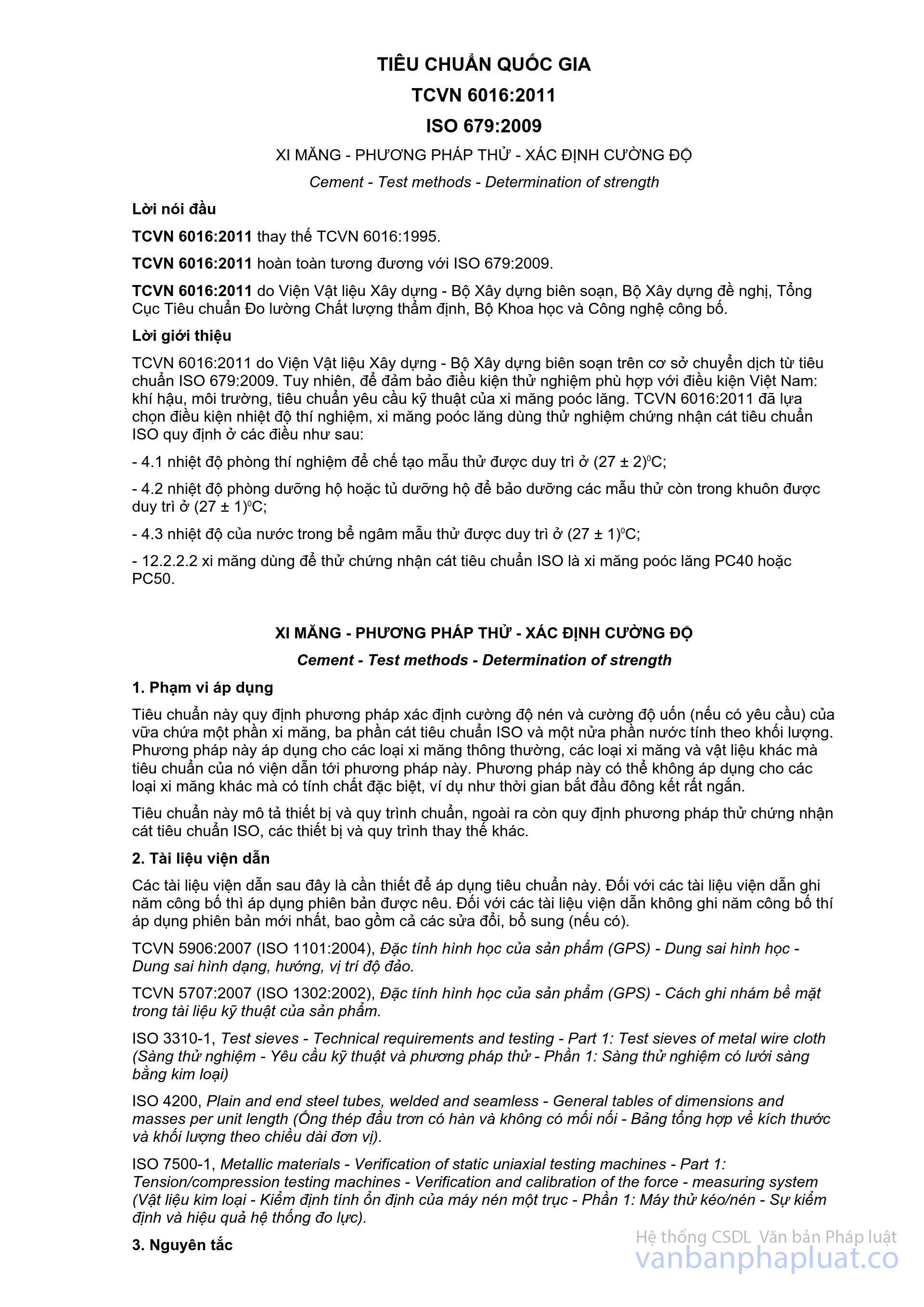 Tiêu chuẩn Việt Nam TCVN 6016:2011 (ISO 679:2009) về Xi măng - Phương pháp thử - Xác định cường độ
