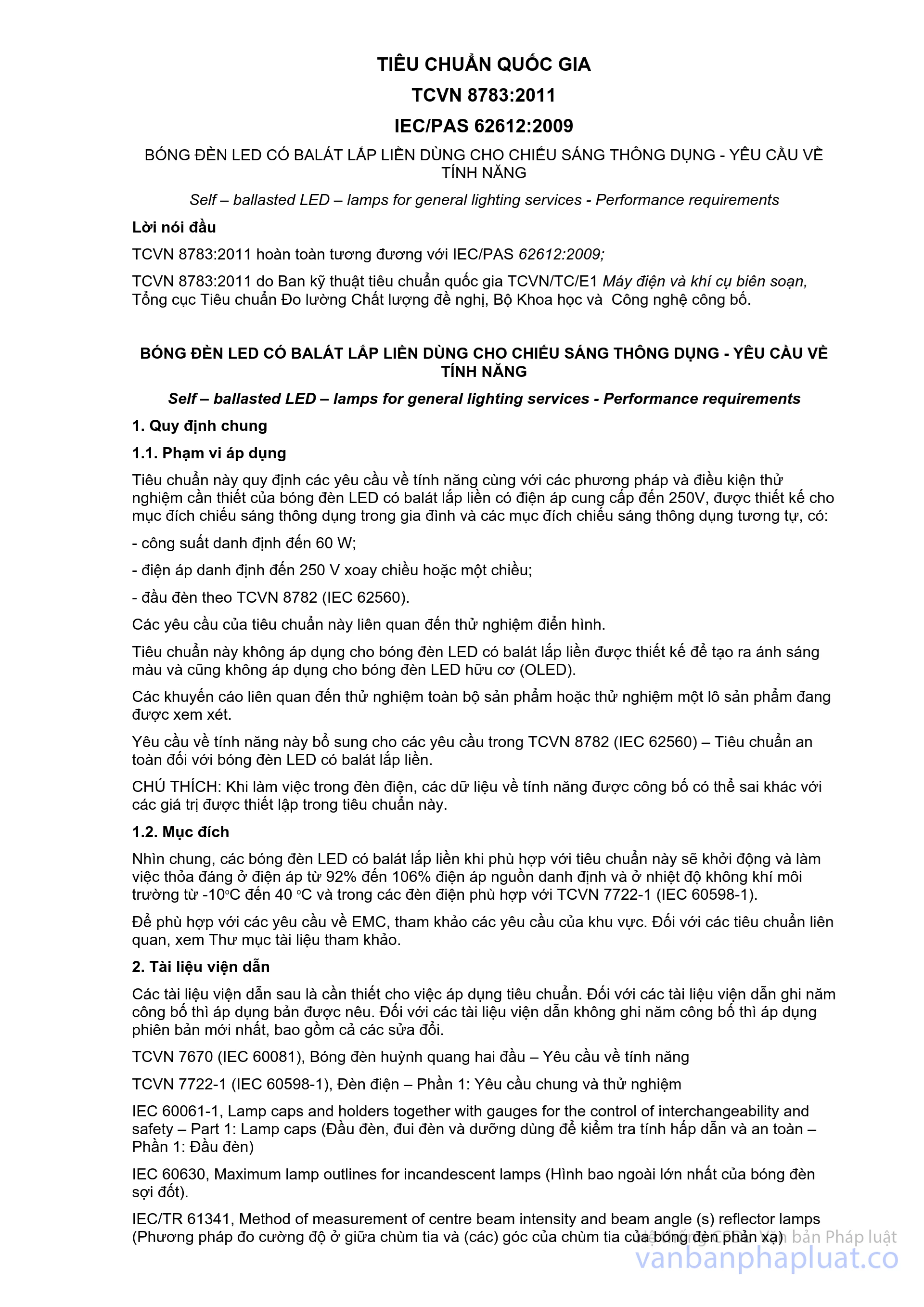 Tiêu chuẩn quốc gia TCVN 8783:2011 (IEC/PAS 62612:2009) về Bóng đèn LED ...