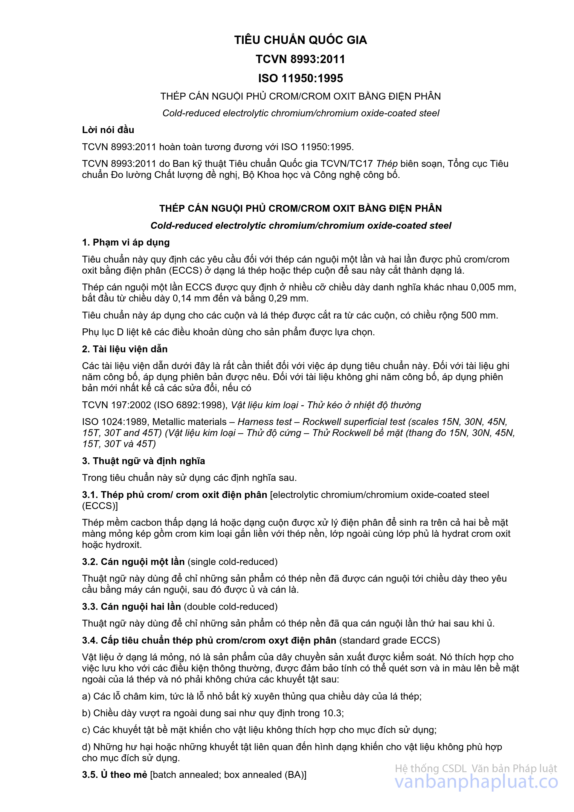 Tiêu chuẩn quốc gia TCVN 8993:2011 (ISO 11950:1995) về Thép cán nguội ...