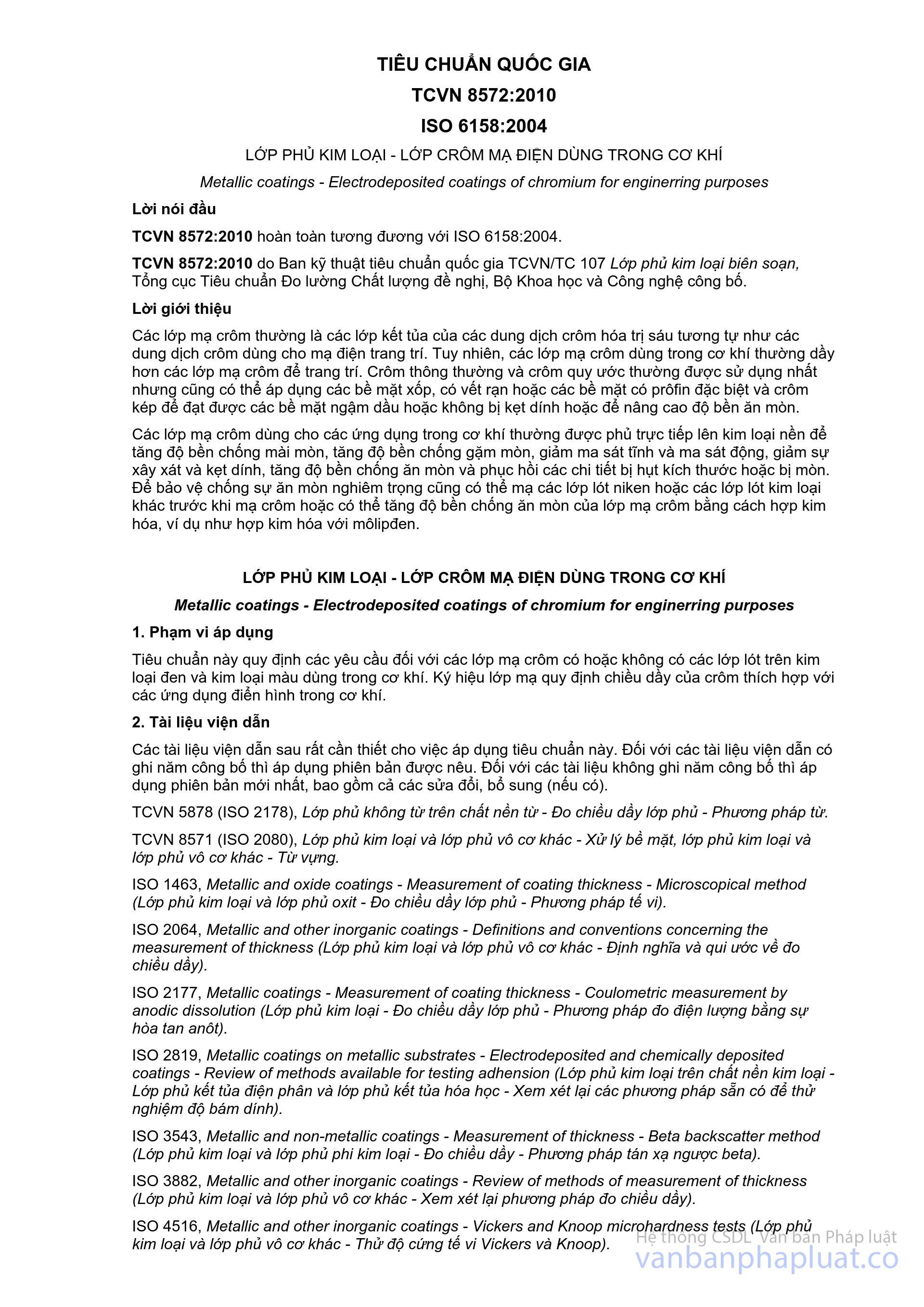 Tiêu chuẩn quốc gia TCVN 8572:2010 (ISO 6158:2004) về Lớp phủ kim loại ...