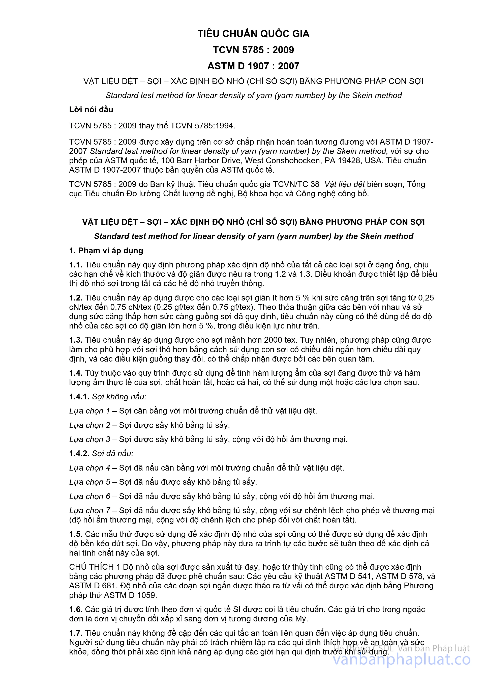 Tiêu chuẩn quốc gia TCVN 5785:2009 (ASTM D 1907 : 2007) về Vật liệu dệt ...