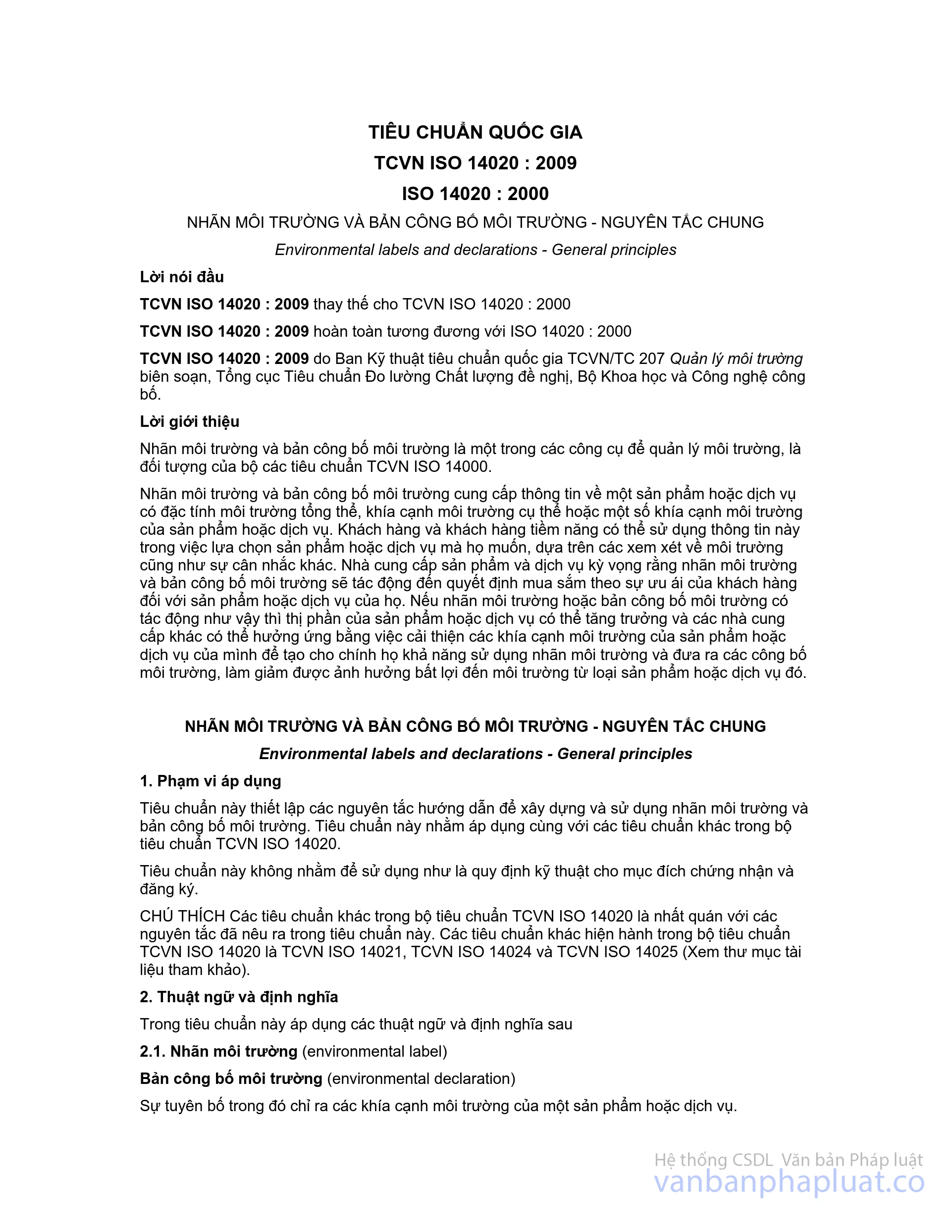 Tiêu chuẩn quốc gia TCVN ISO 14020:2009 (ISO 14020 : 2000) về Nhãn môi ...
