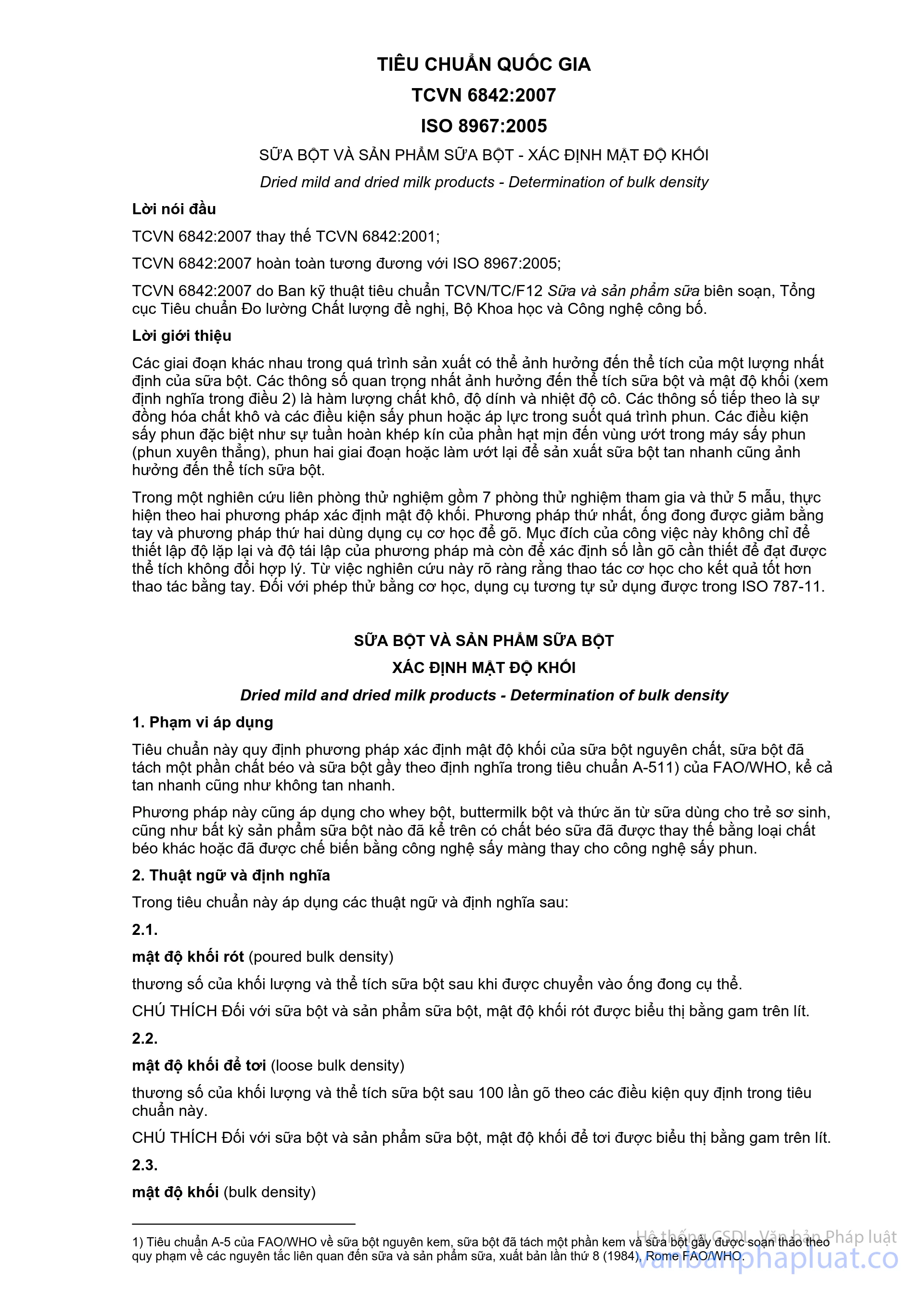 Tiêu chuẩn quốc gia TCVN 6842:2007 (ISO 8967:2005) về Sữa bột và sản ...