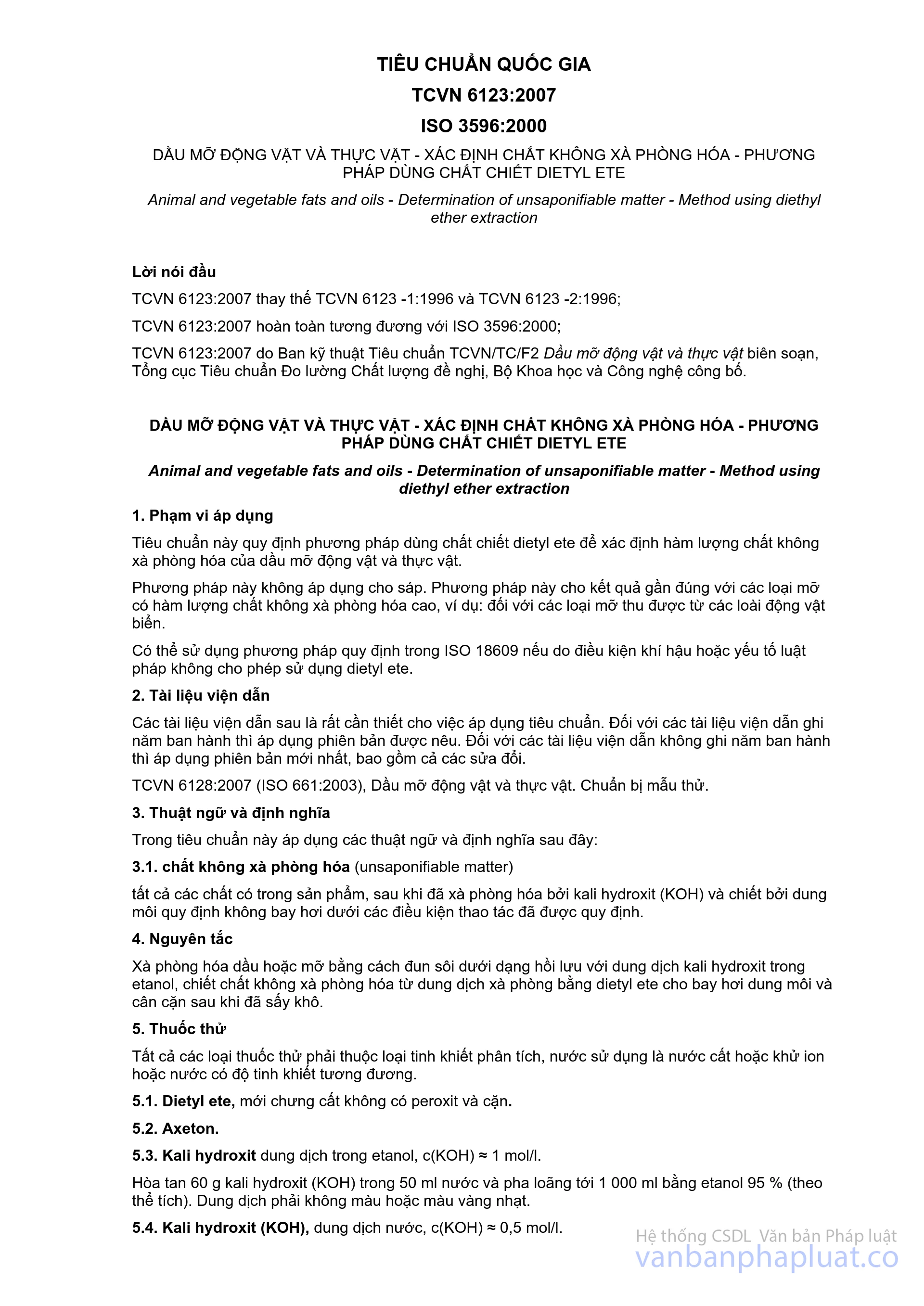 Tiêu chuẩn quốc gia TCVN 6123:2007 (ISO 3596:2000) về Dầu mỡ động vật ...