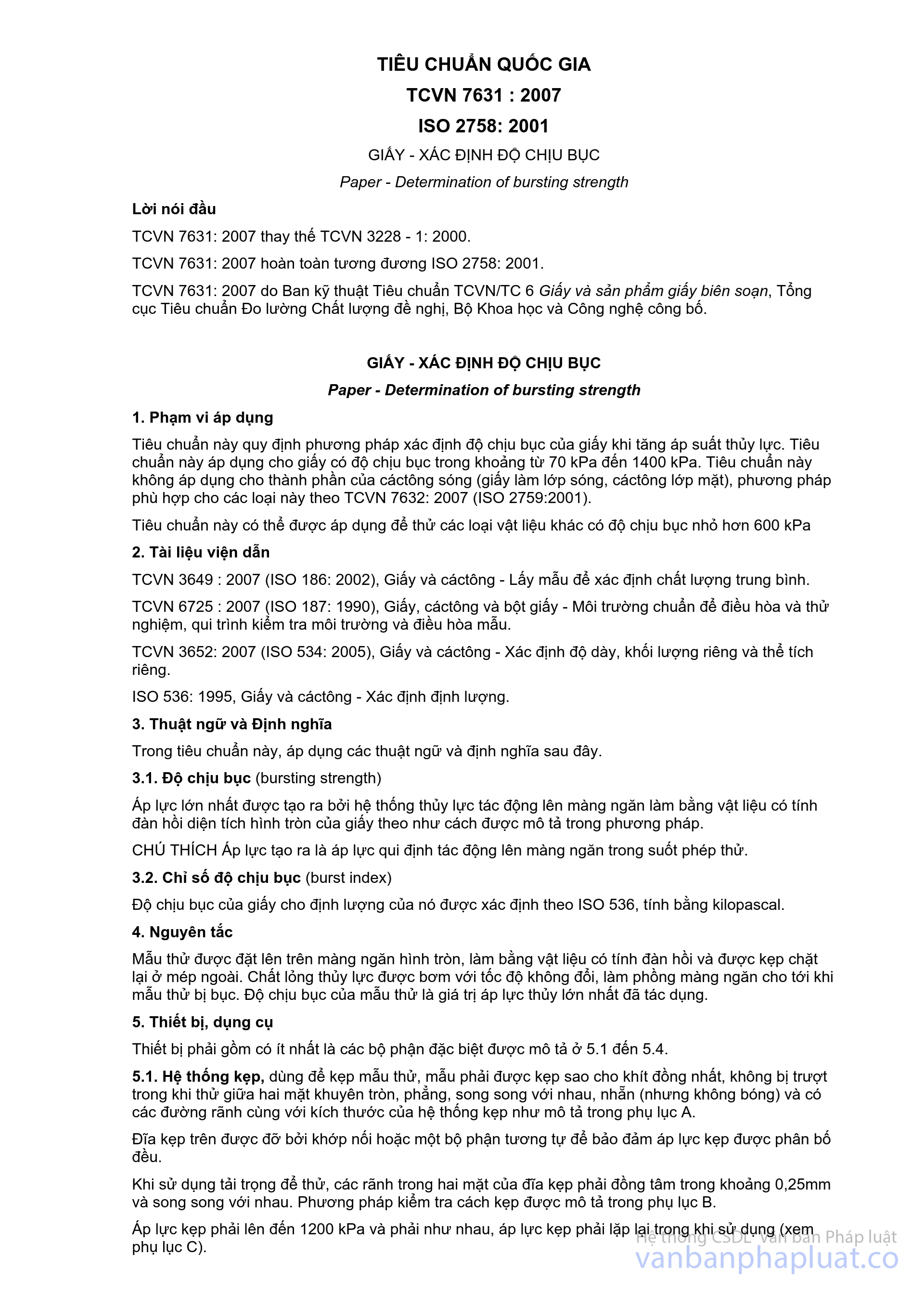 Tiêu chuẩn quốc gia TCVN 7631:2007 (ISO 2758: 2001) về Giấy - Xác định ...