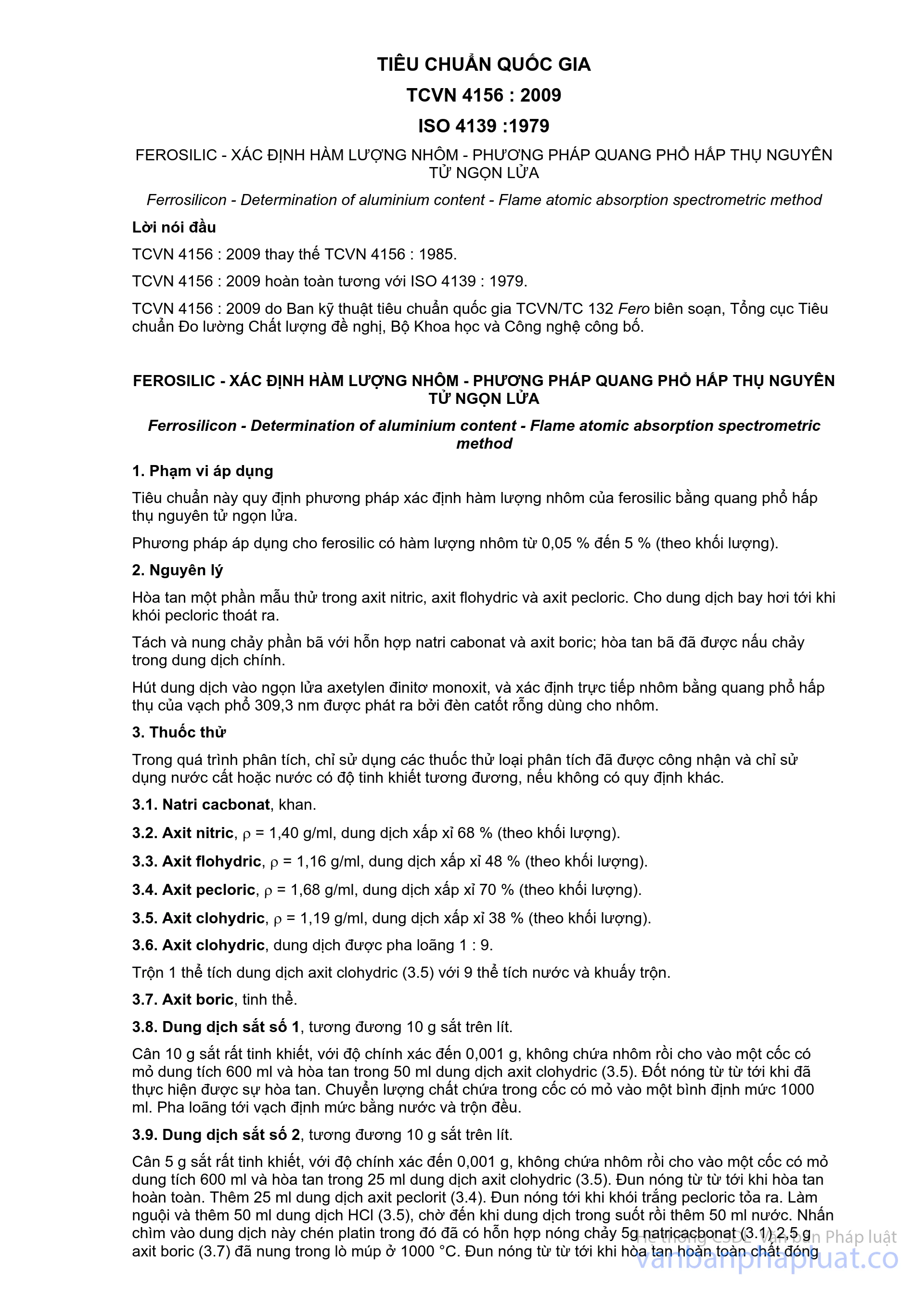 Tiêu chuẩn quốc gia TCVN 4156:2009 (ISO 4158 : 1978) về Ferosilic - Xác định hàm lượng Nhôm ...
