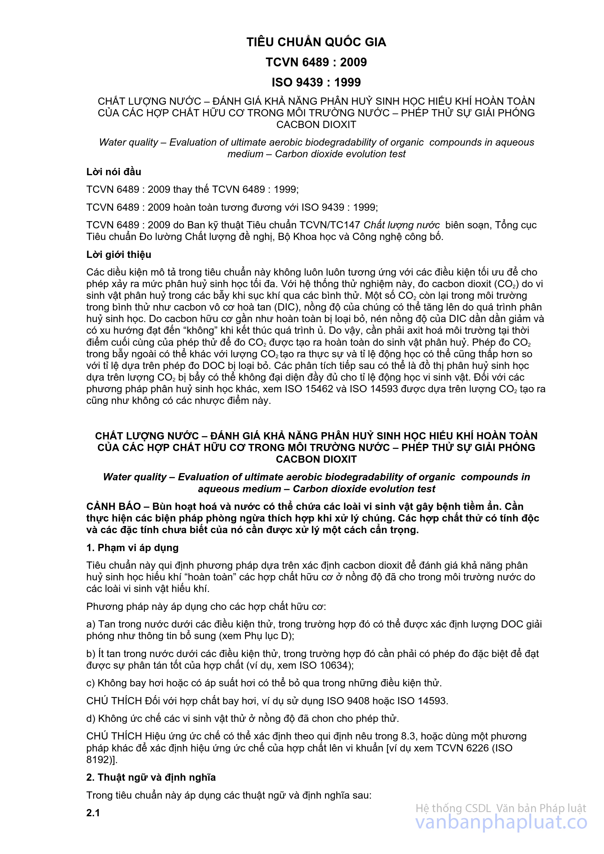 Tiêu chuẩn quốc gia TCVN 6489:2009 (ISO 9439 : 1999) về Chất lượng nước ...