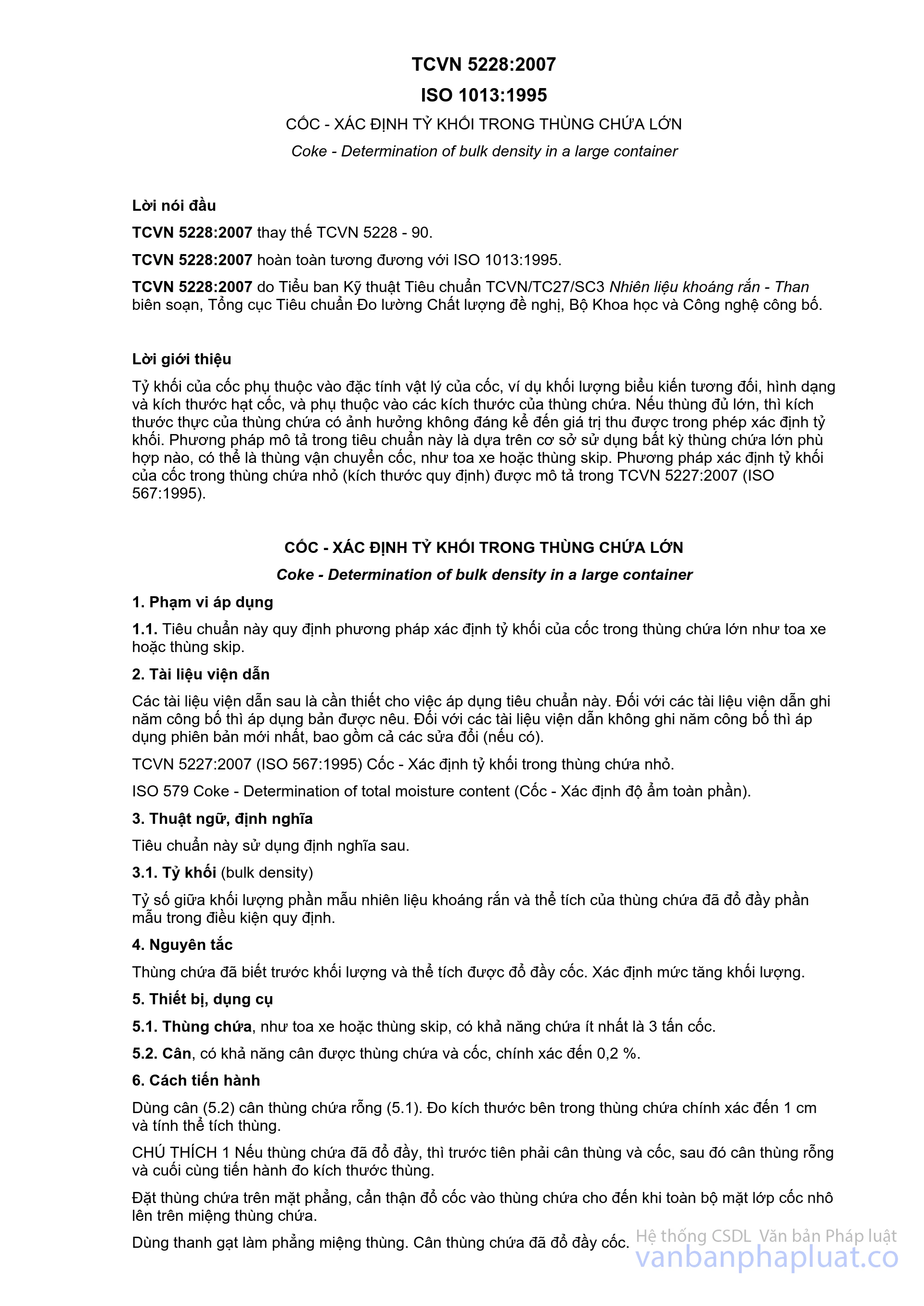 Tiêu chuẩn quốc gia TCVN 5228:2007 (ISO 1013:1990) về Cốc - Xác định tỷ khối trong thùng chứa lớn