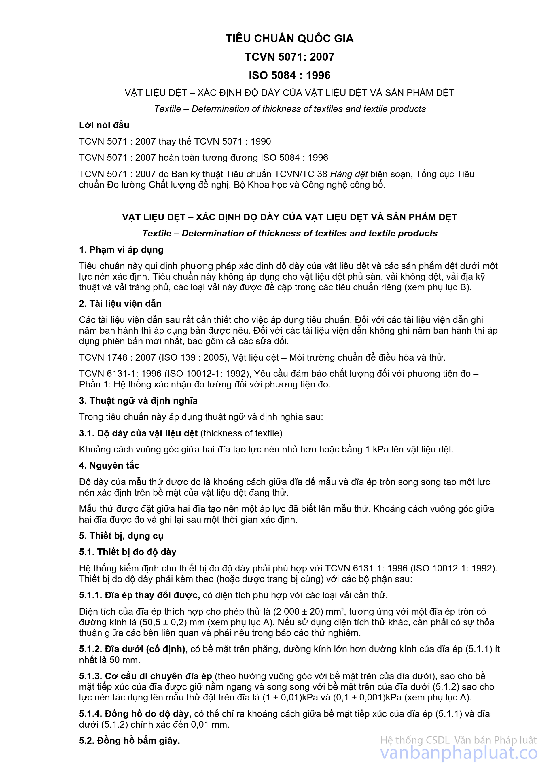 Tiêu chuẩn quốc gia TCVN 5071:2007 (ISO 5084 : 1996) về Vật liệu dệt ...