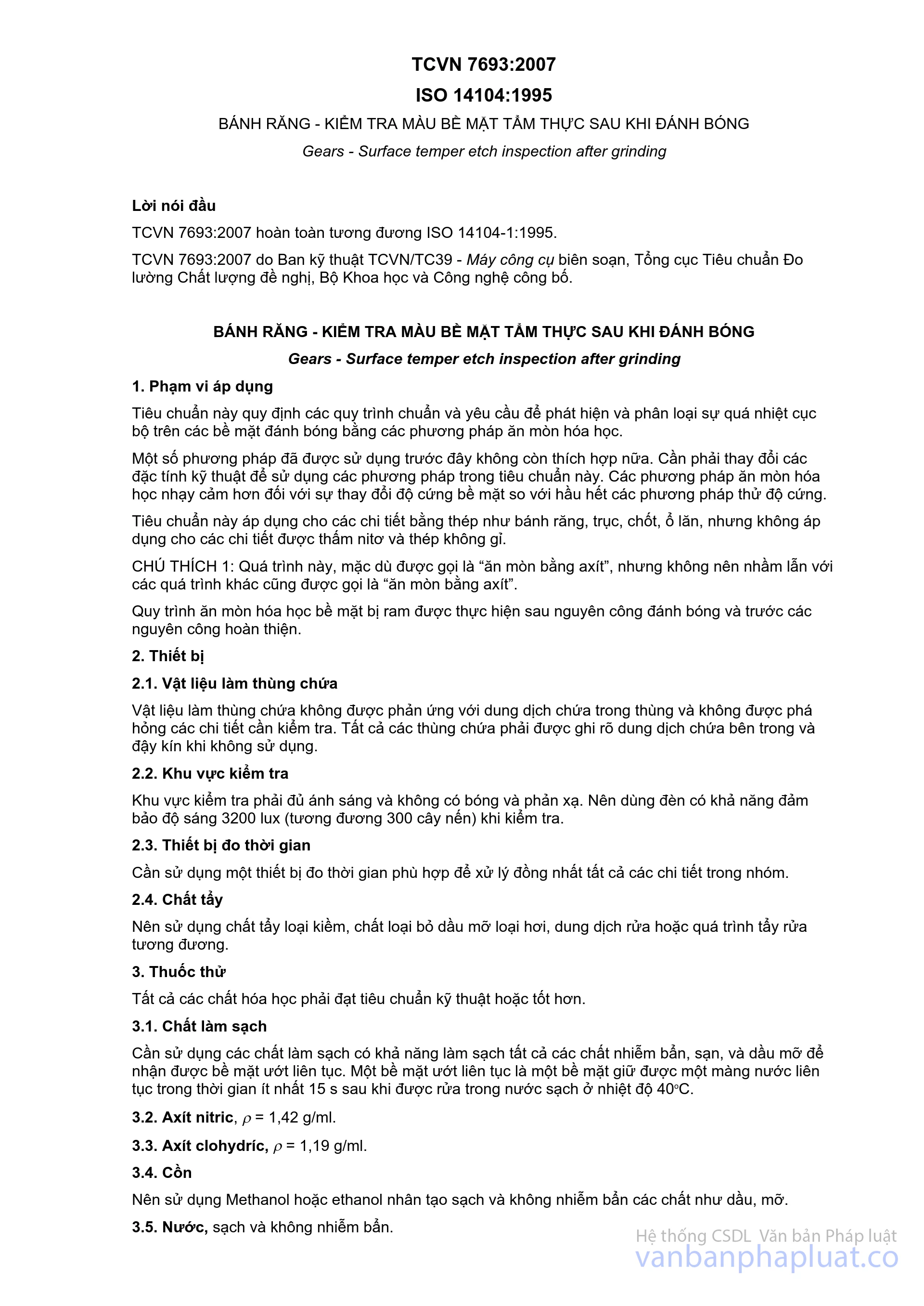 Tiêu chuẩn quốc gia TCVN 7693:2007 (ISO 14104:1995) về Bánh răng - Kiểm tra màu bề mặt tẩm thực ...