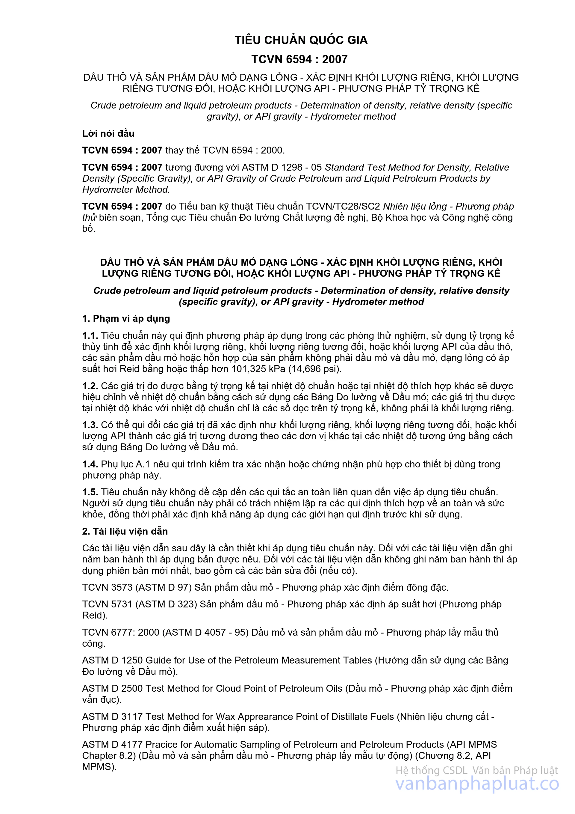 Tiêu chuẩn Việt Nam TCVN 6594:2007 (ASTM D 1298 - 05) về dầu thô và sản ...