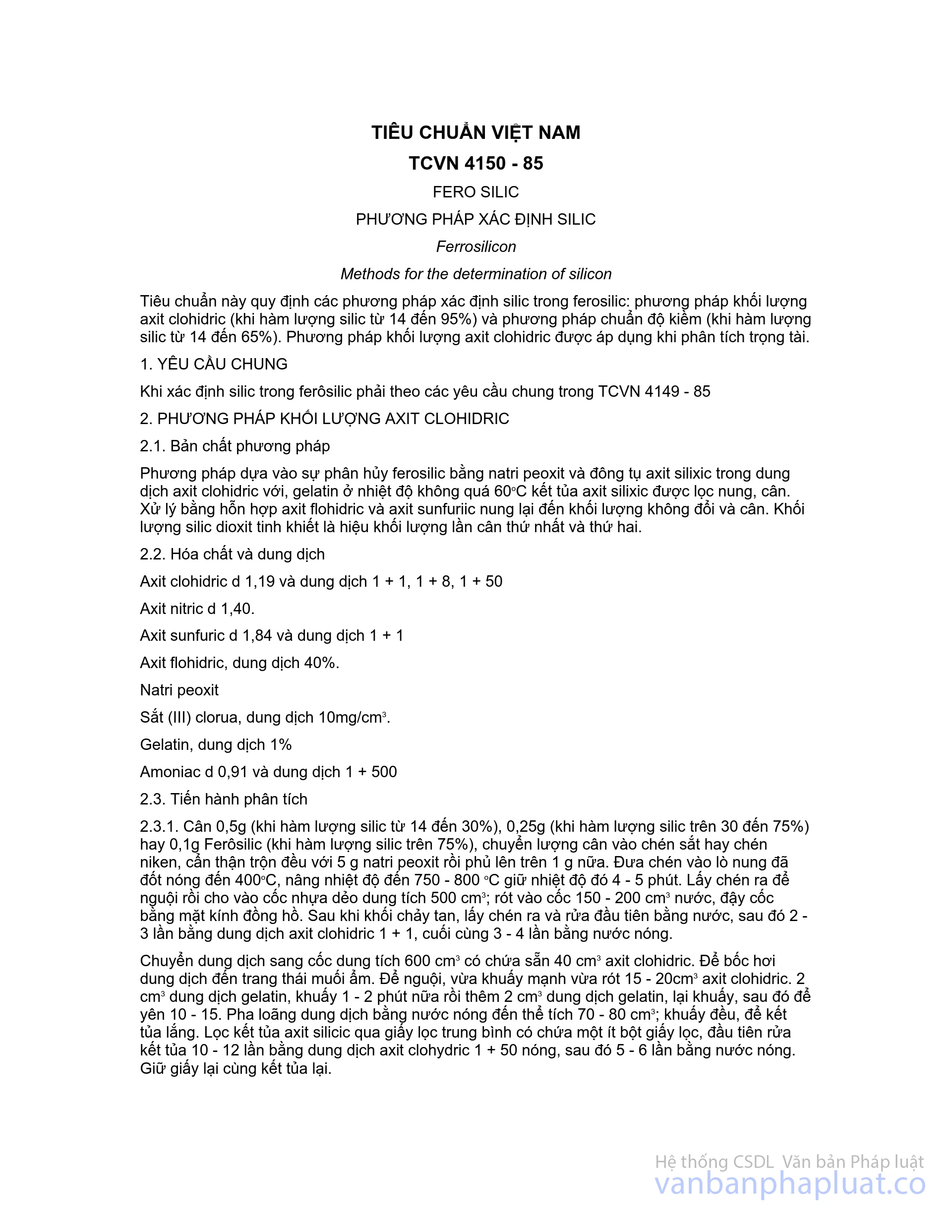 Tiêu chuẩn Việt Nam TCVN 4150:1985 về Fero Silic - Phương pháp xác định ...