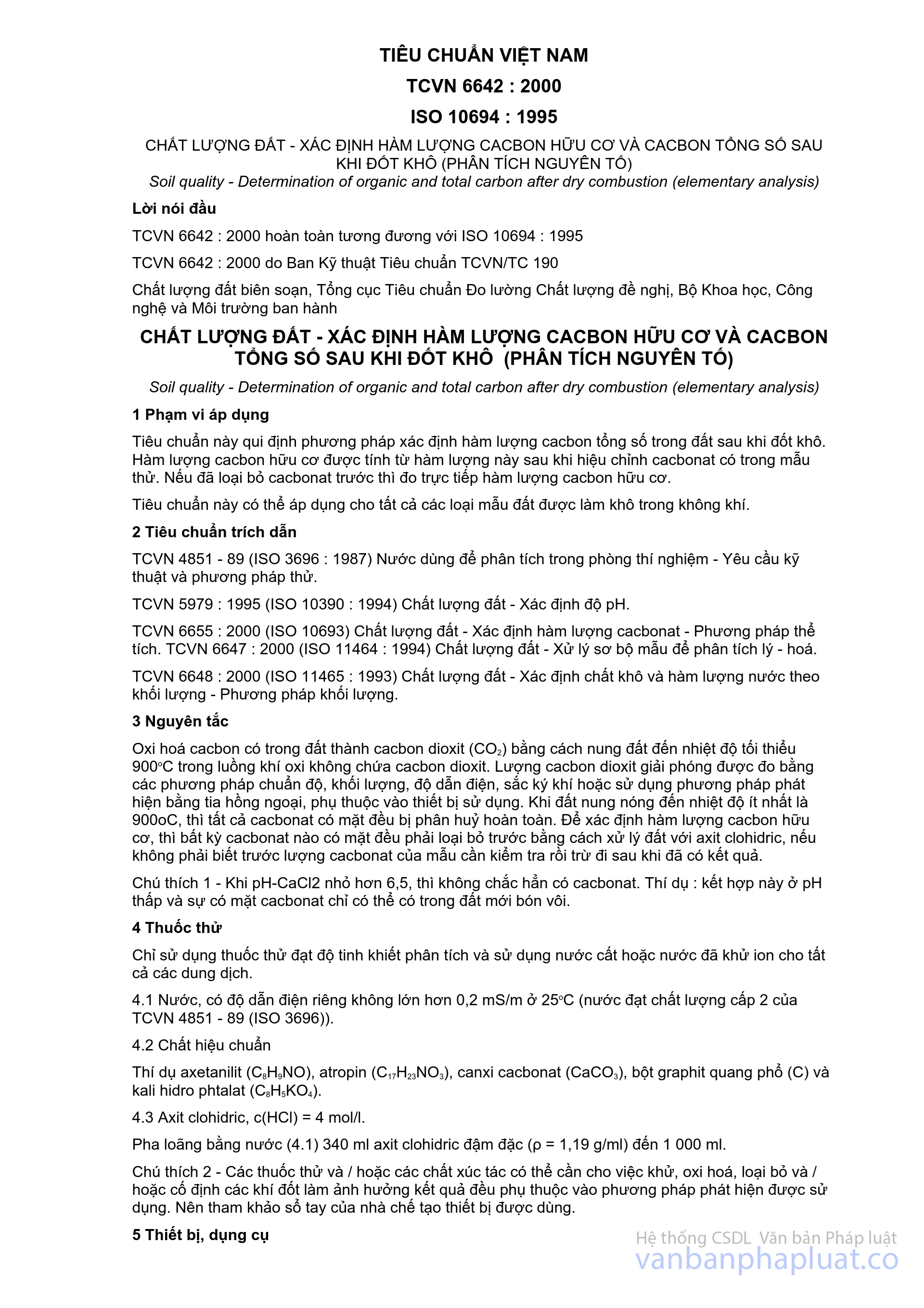 Tiêu chuẩn Việt Nam TCVN 6642:2000 (ISO 10694 : 1995) về chất lượng đất - Xác định hàm lượng ...