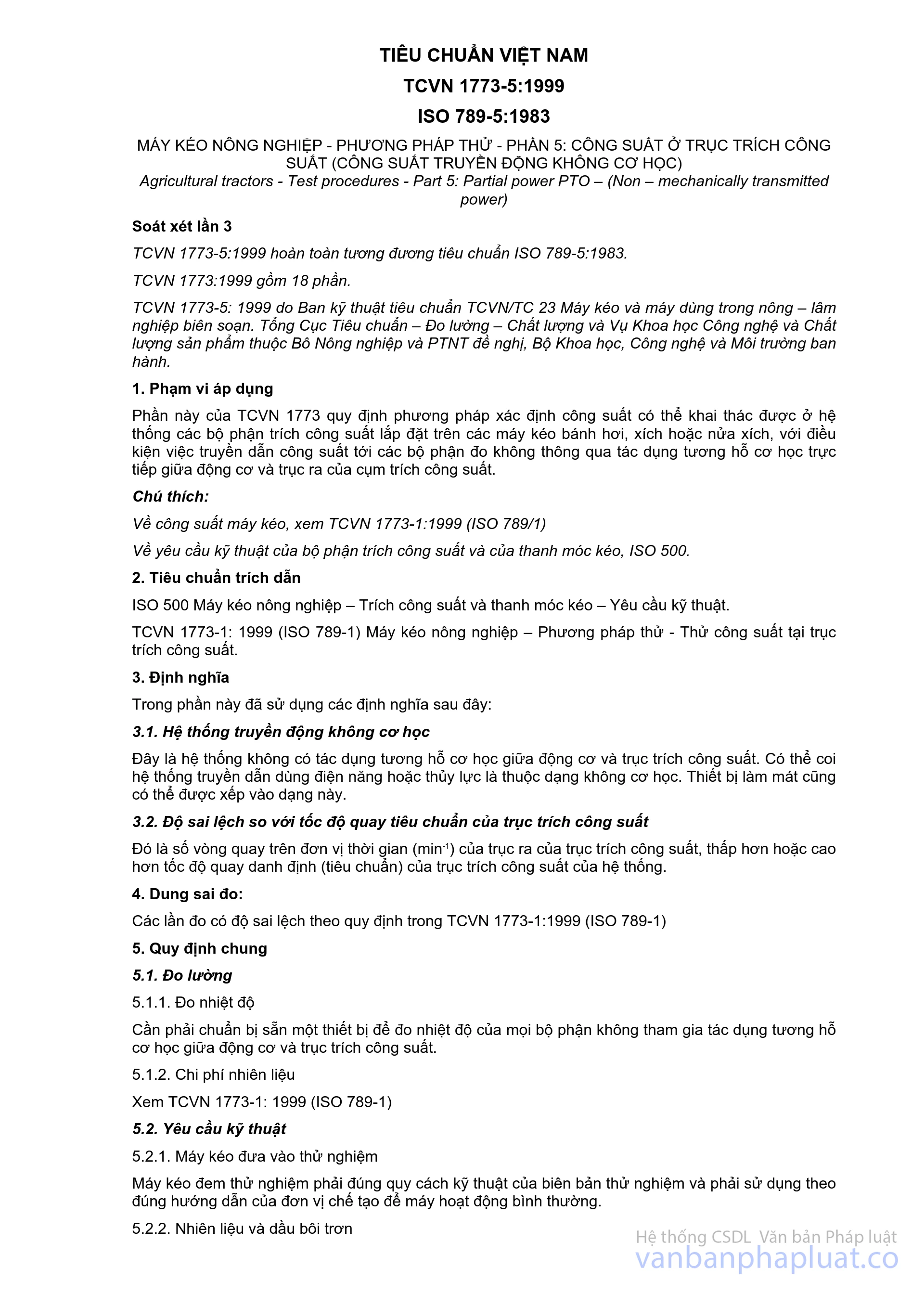 Tiêu chuẩn Việt Nam TCVN 1773-5:1999 (ISO 789-5:1983) về máy kéo nông nghiệp - phương pháp thử ...