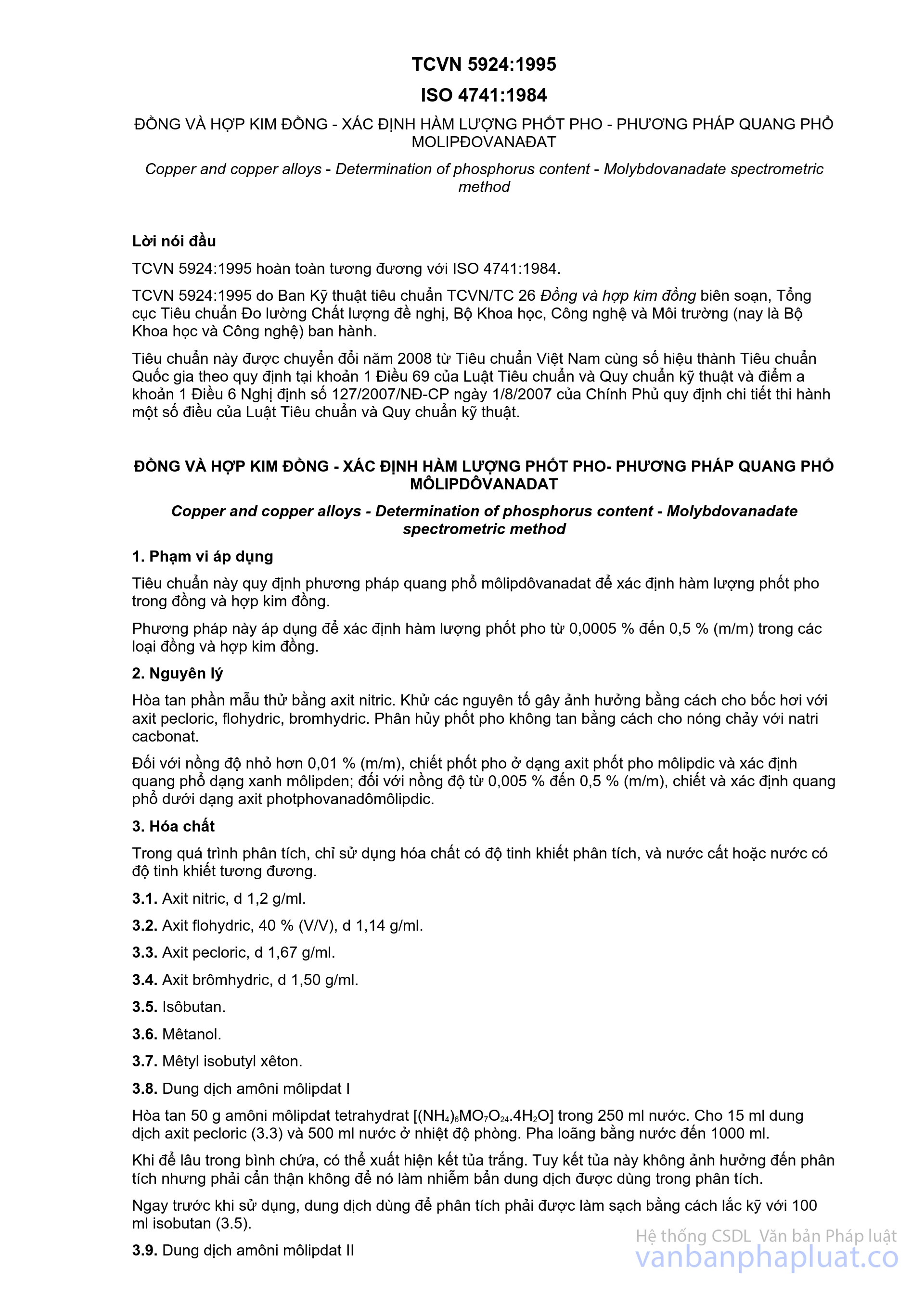 Tiêu chuẩn quốc gia TCVN 5924:1995 (ISO 4741:1984) về Đồng và hợp kim đồng - Xác định hàm lượng ...