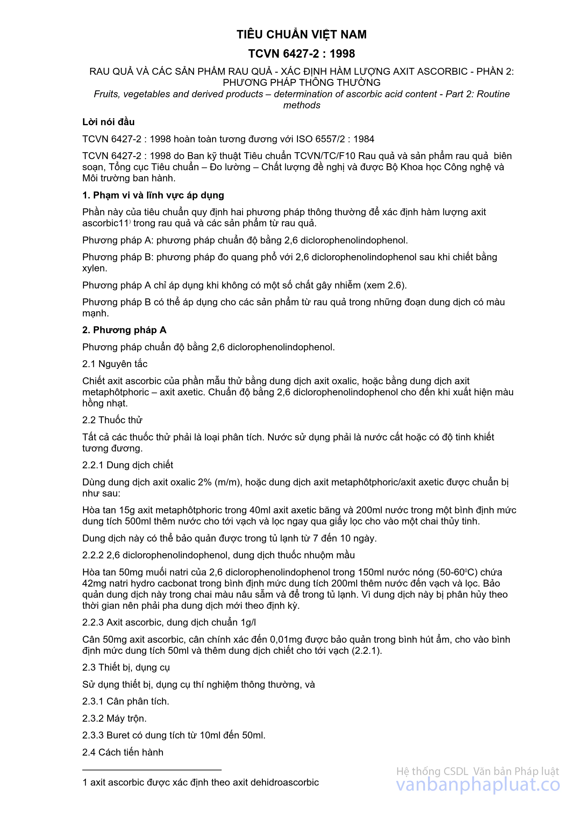 Tiêu chuẩn Việt Nam TCVN 6427-2:1998 (ISO 6557/2 : 1984) về rau quả và ...