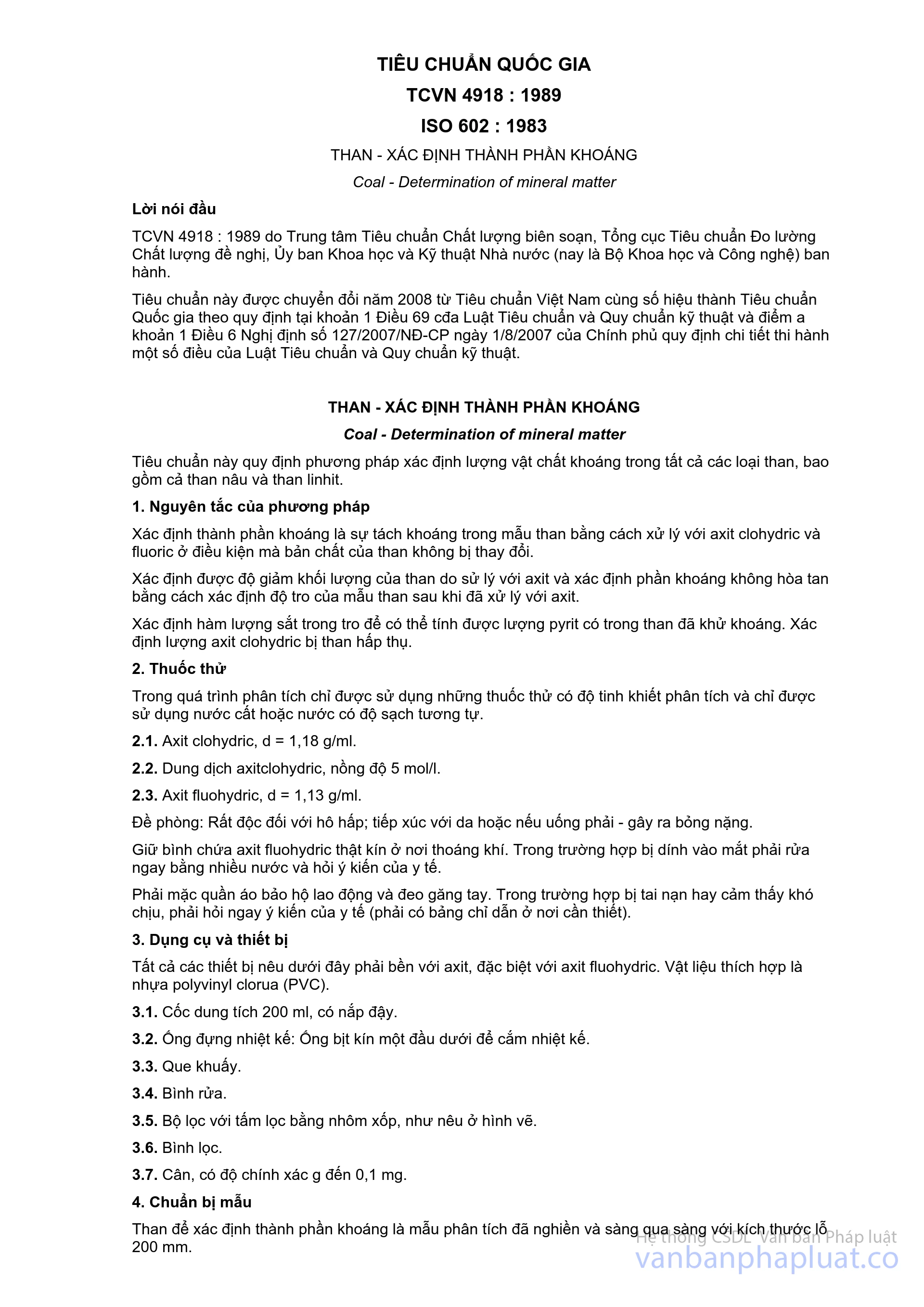 Tiêu chuẩn quốc gia TCVN 4918:1989 (ISO 602 : 1983) về Than - Xác định ...