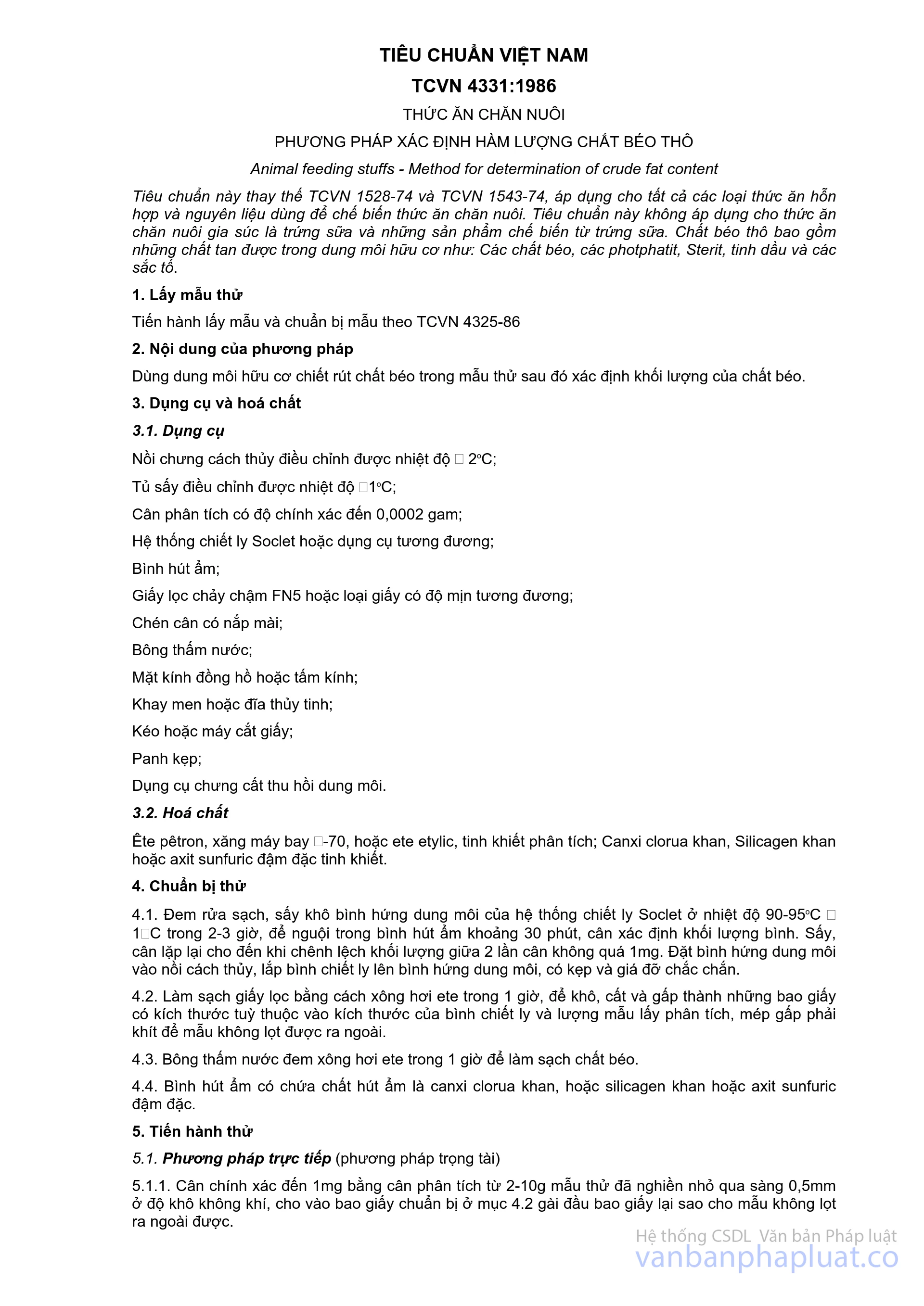 Tiêu chuẩn Việt Nam TCVN 4331:1986 về thức ăn chăn nuôi - Phương pháp xác định hàm lượng chất ...