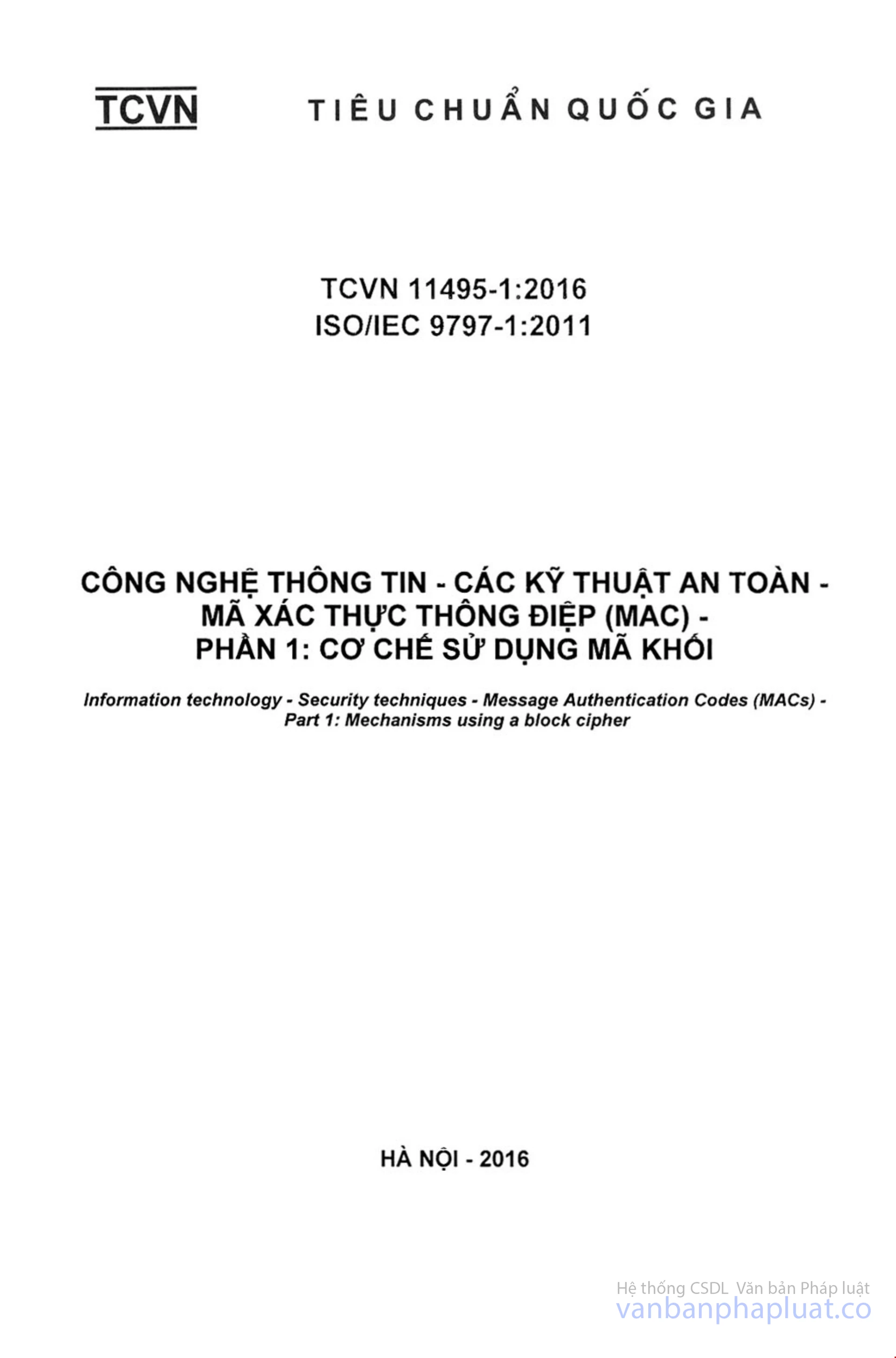 Tiêu chuẩn quốc gia TCVN 11495-1:2016 (ISO/IEC 9797-1:2011) về Công ...