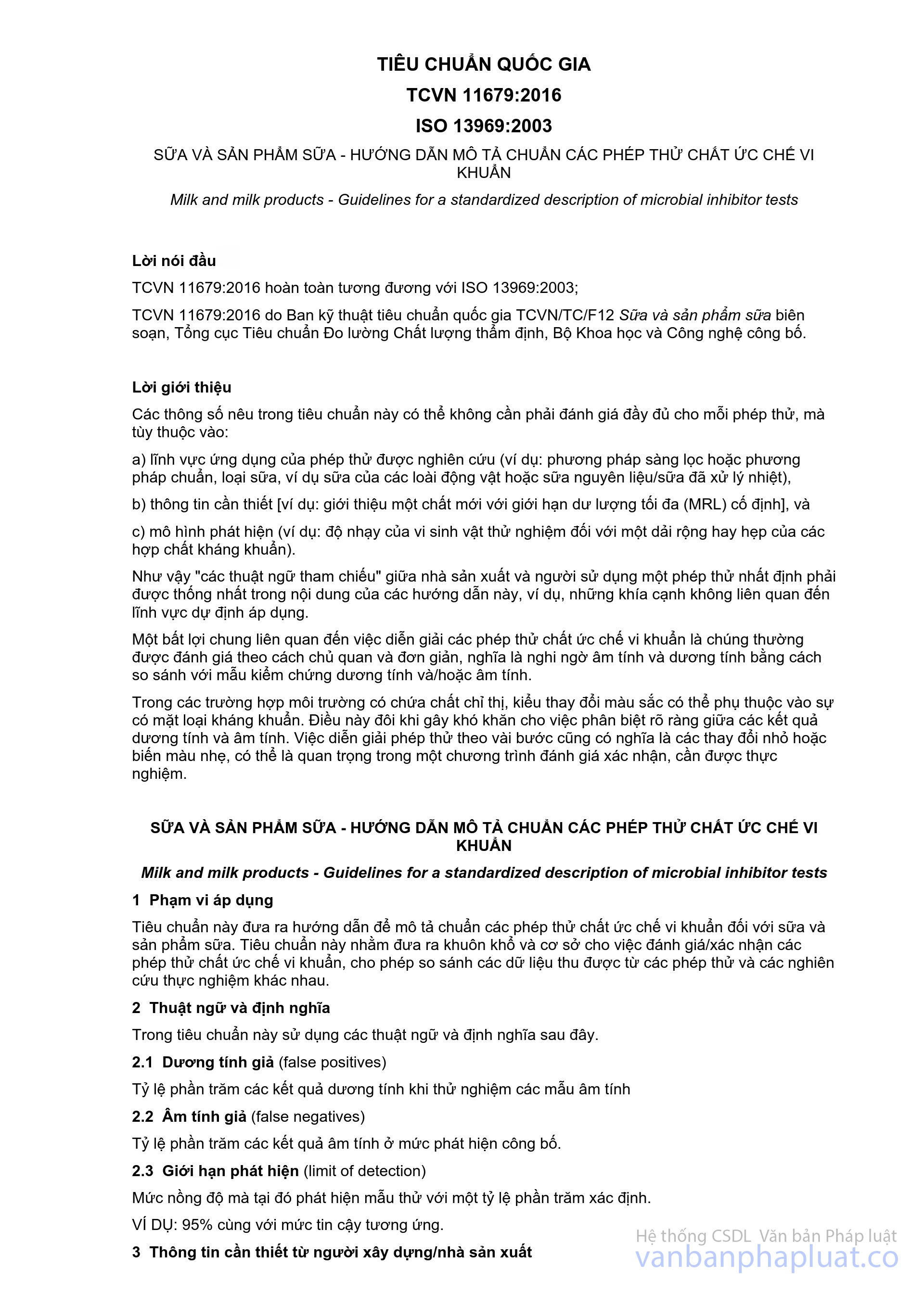 Tiêu chuẩn quốc gia TCVN 11679:2016 (ISO 13969:2003) về Sữa và sản phẩm ...