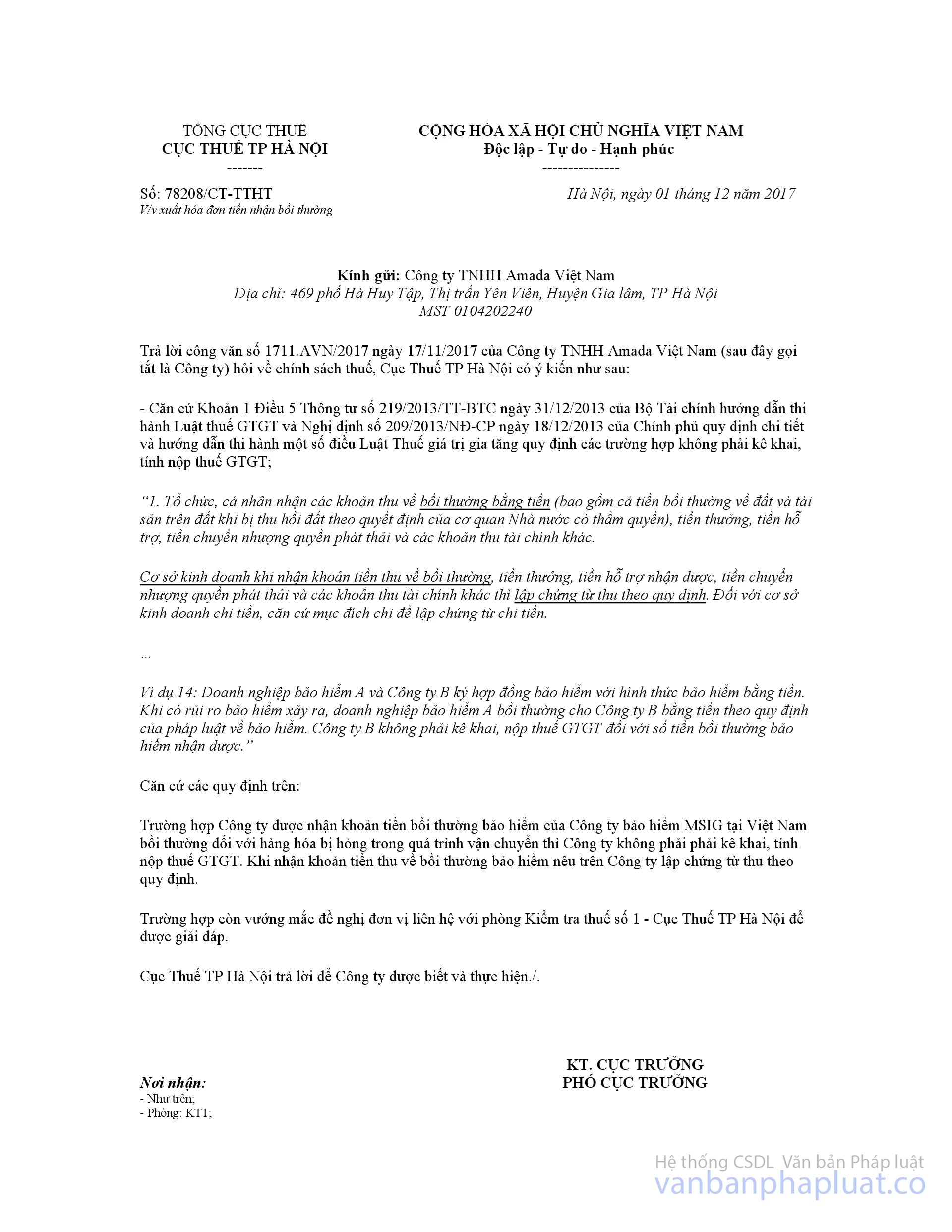 Công văn 78208/CT-TTHT 2017 xuất hóa đơn tiền nhận bồi thường Hà Nội