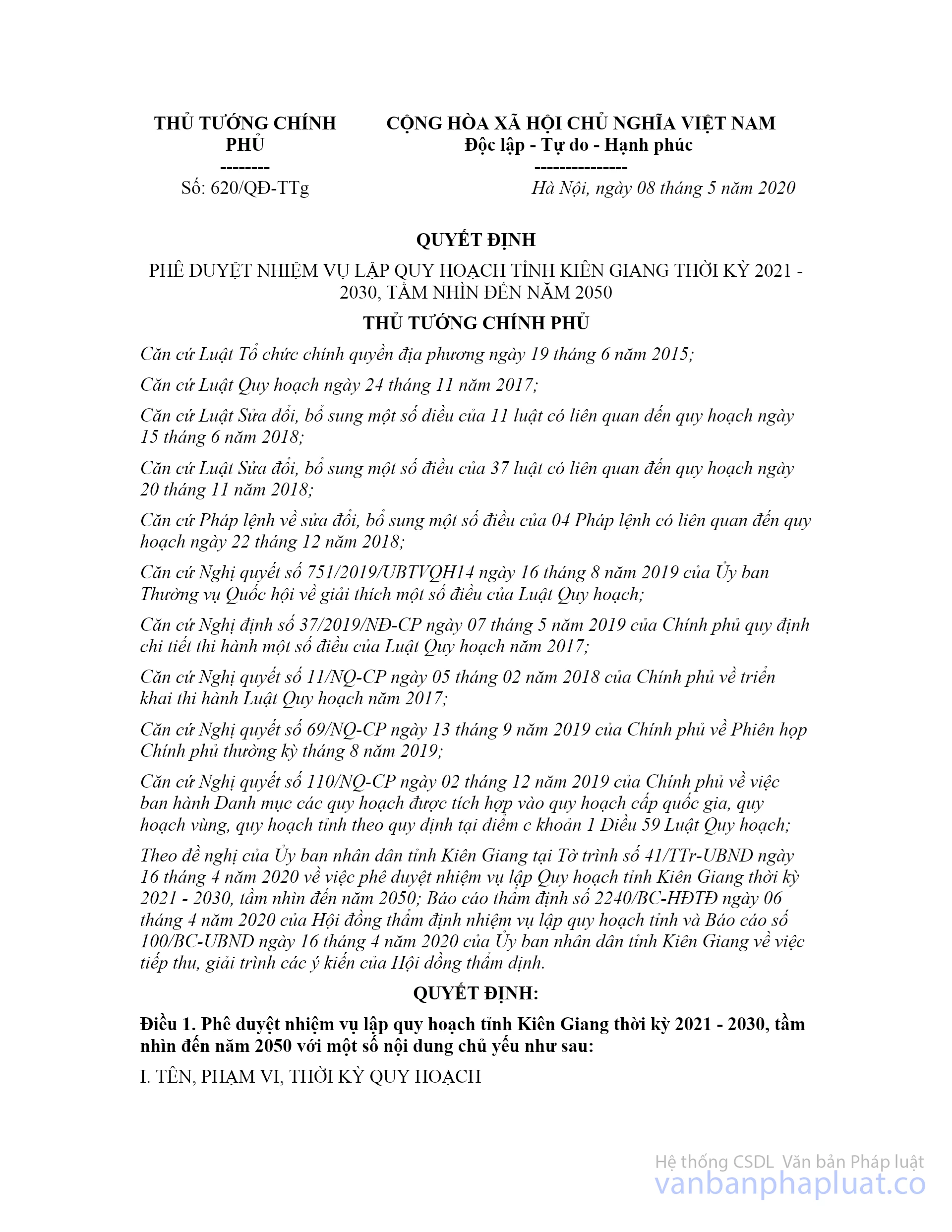 Quyết định 620/QĐ-TTg 2020 phê duyệt nhiệm vụ lập quy hoạch tỉnh Kiên Giang thời kỳ 2021 2030