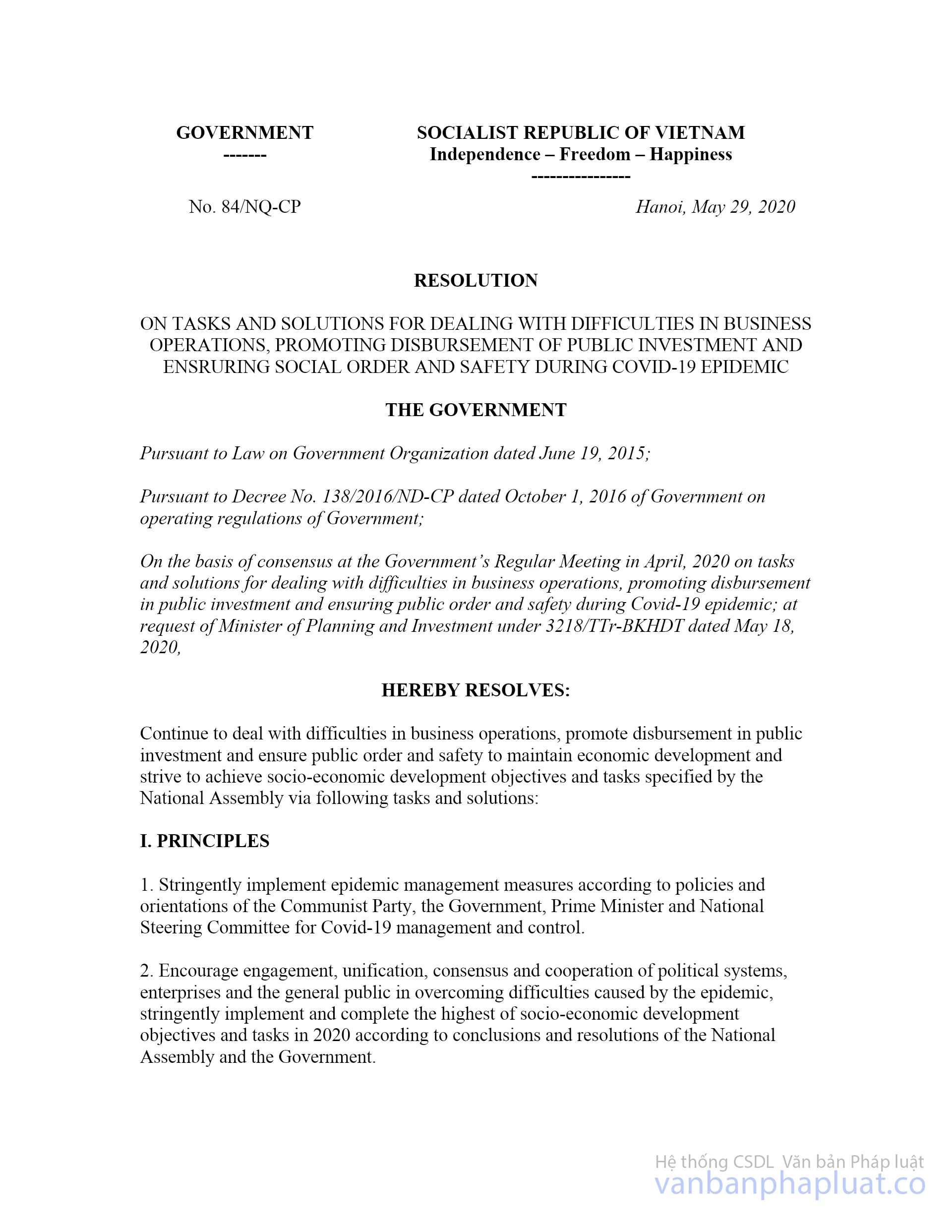 Resolution 84/NQ-CP 2020 dealing with difficulties in business ...