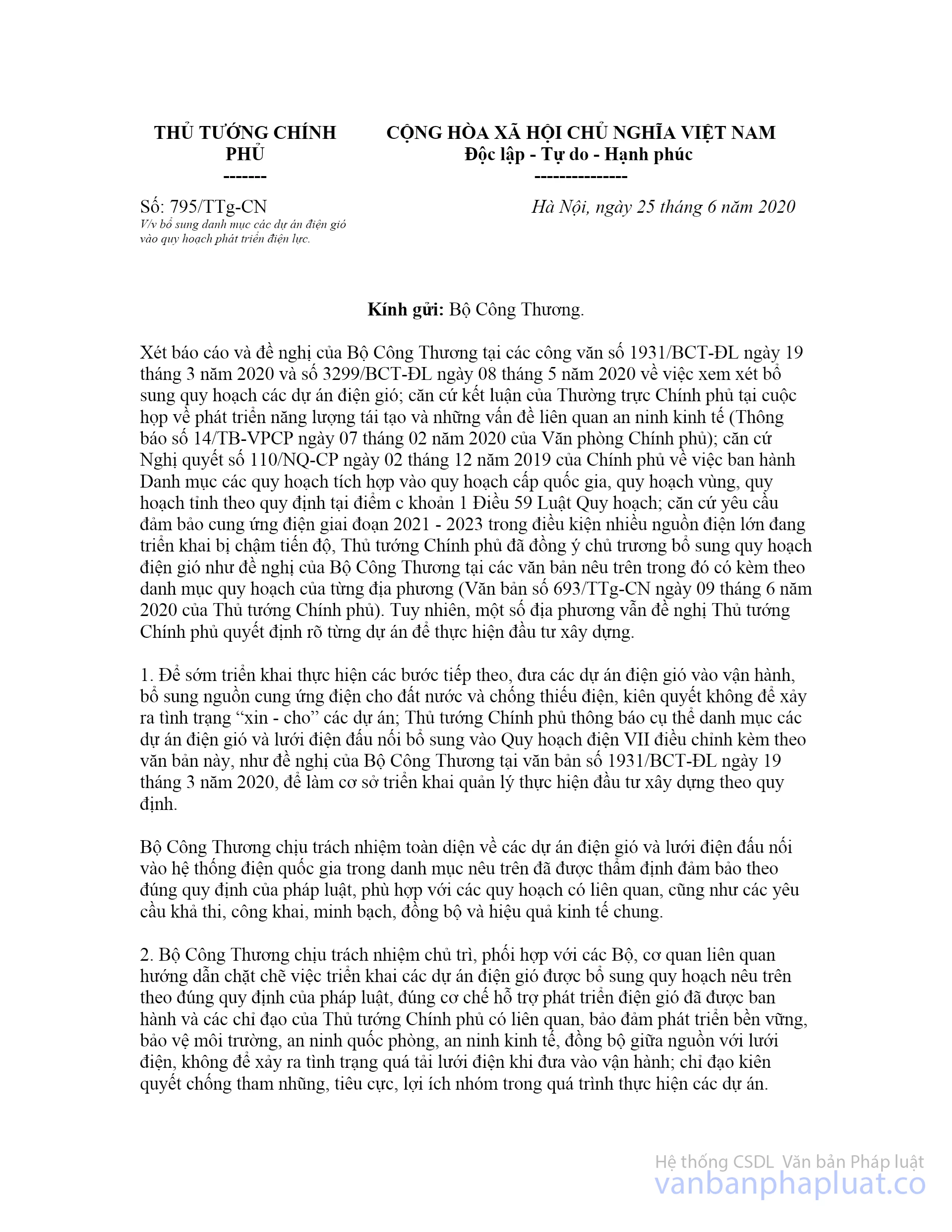 Công văn 795/TTg-CN 2020 bổ sung danh mục dự án điện gió vào quy hoạch ...