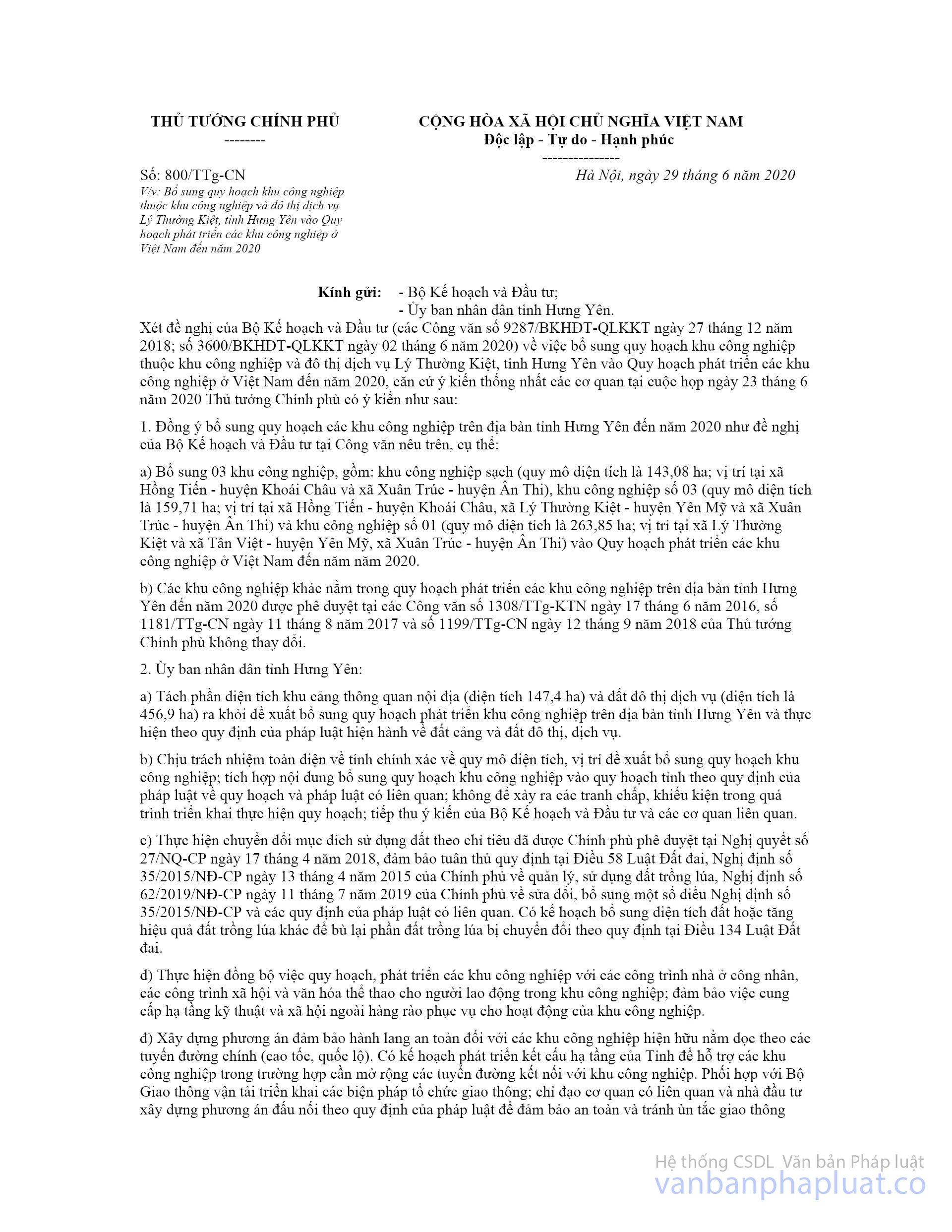Công văn 800/TTg-CN 2020 bổ sung quy hoạch đô thị dịch vụ Lý Thường ...