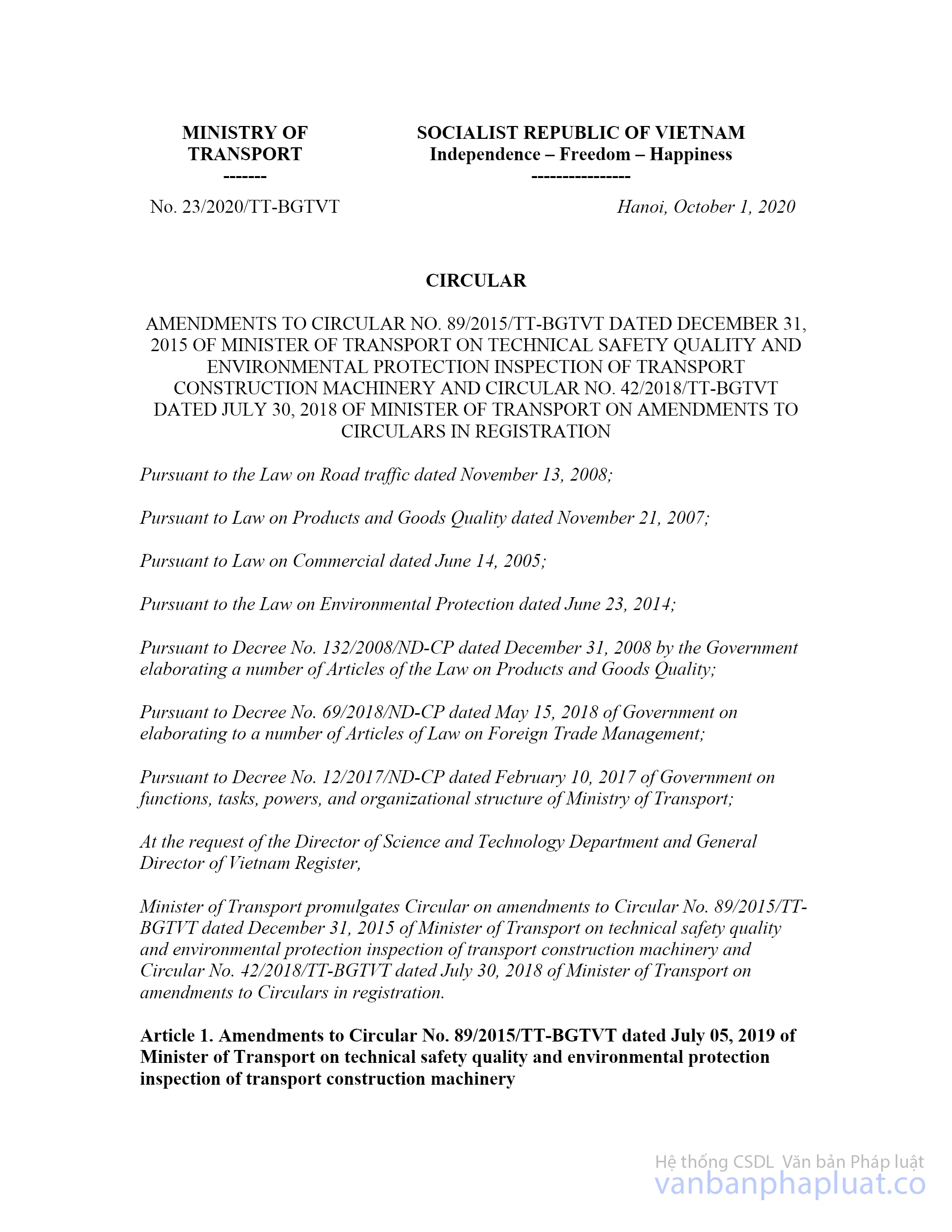 Circular 23/2020/TT-BGTVT amendments Circular 89/2015/TT-BGTVT ...
