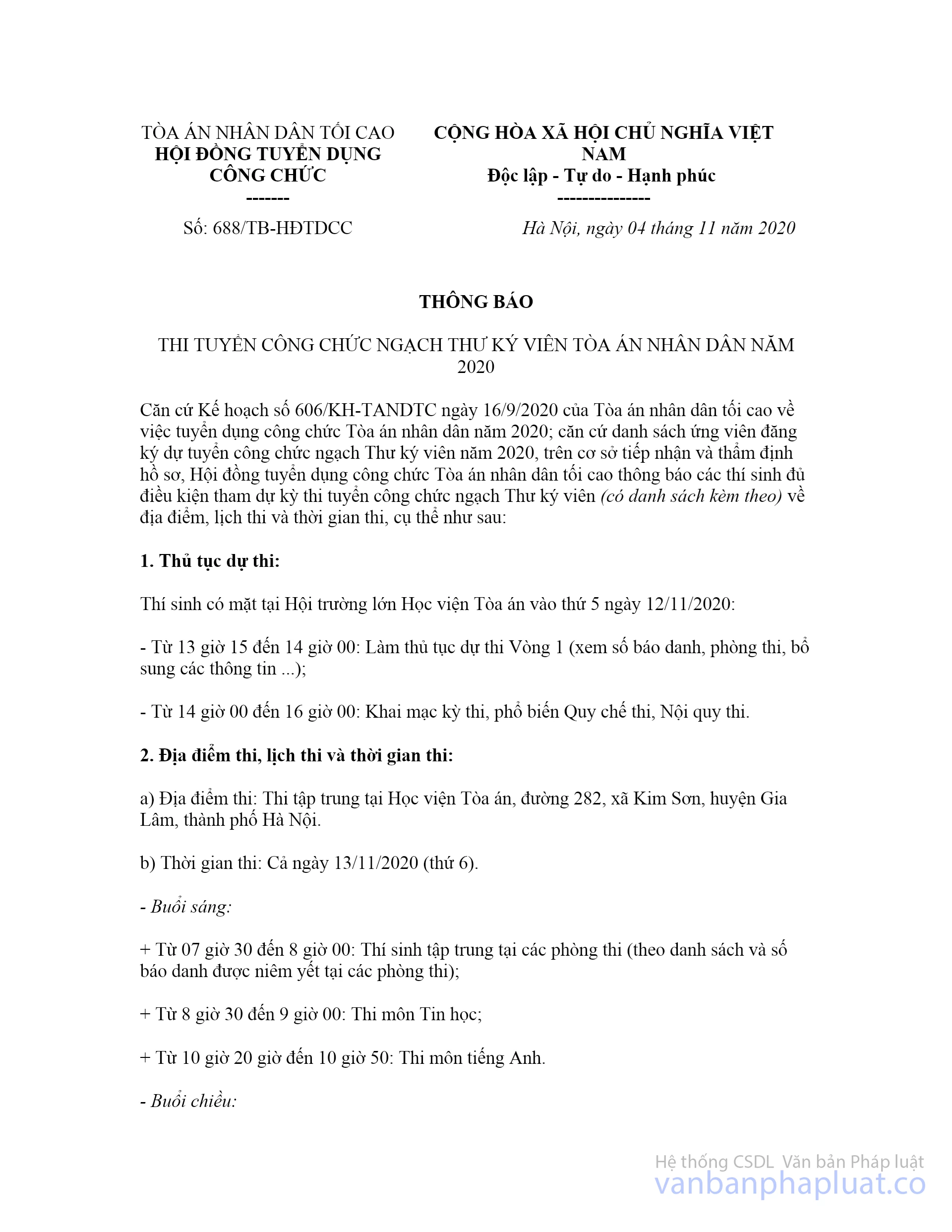 Thông báo 688/TB-HĐTDCC 2020 thi tuyển công chức ngạch Thư ký viên Tòa ...