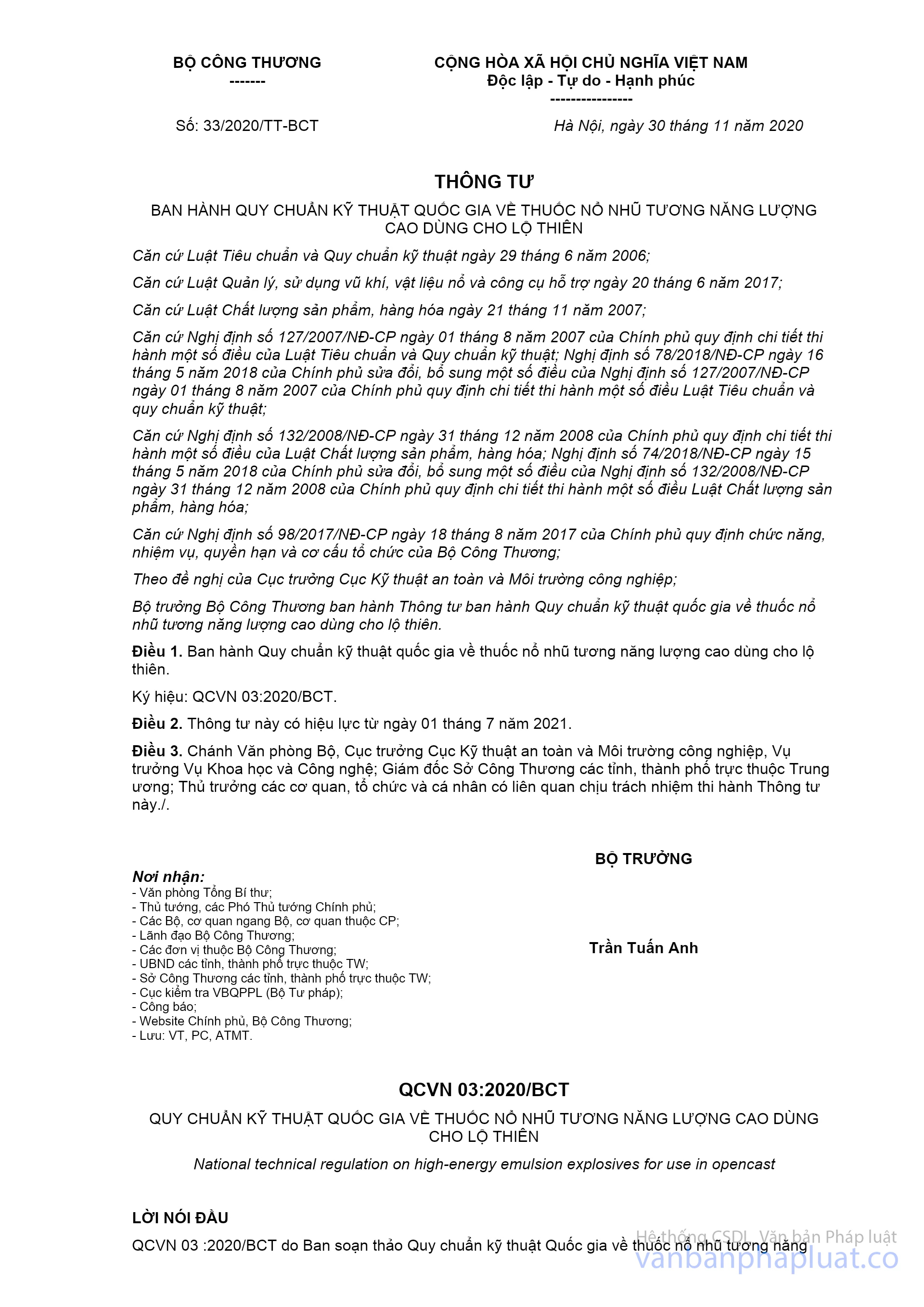 Thông tư 33/2020/TT-BCT Quy chuẩn kỹ thuật thuốc nổ nhũ tương năng ...