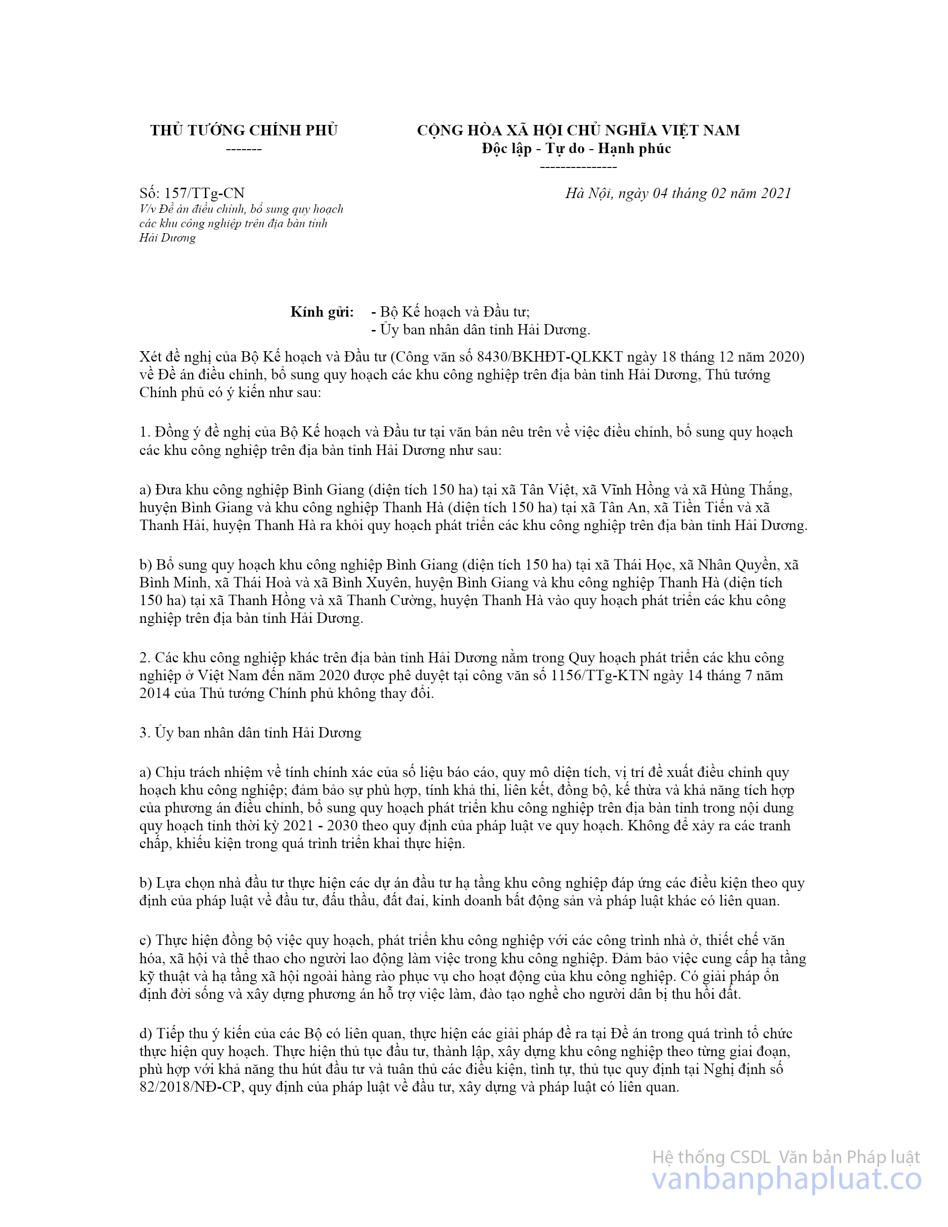 Công văn 157/TTg-CN 2021 Đề án điều chỉnh quy hoạch các khu công nghiệp ...