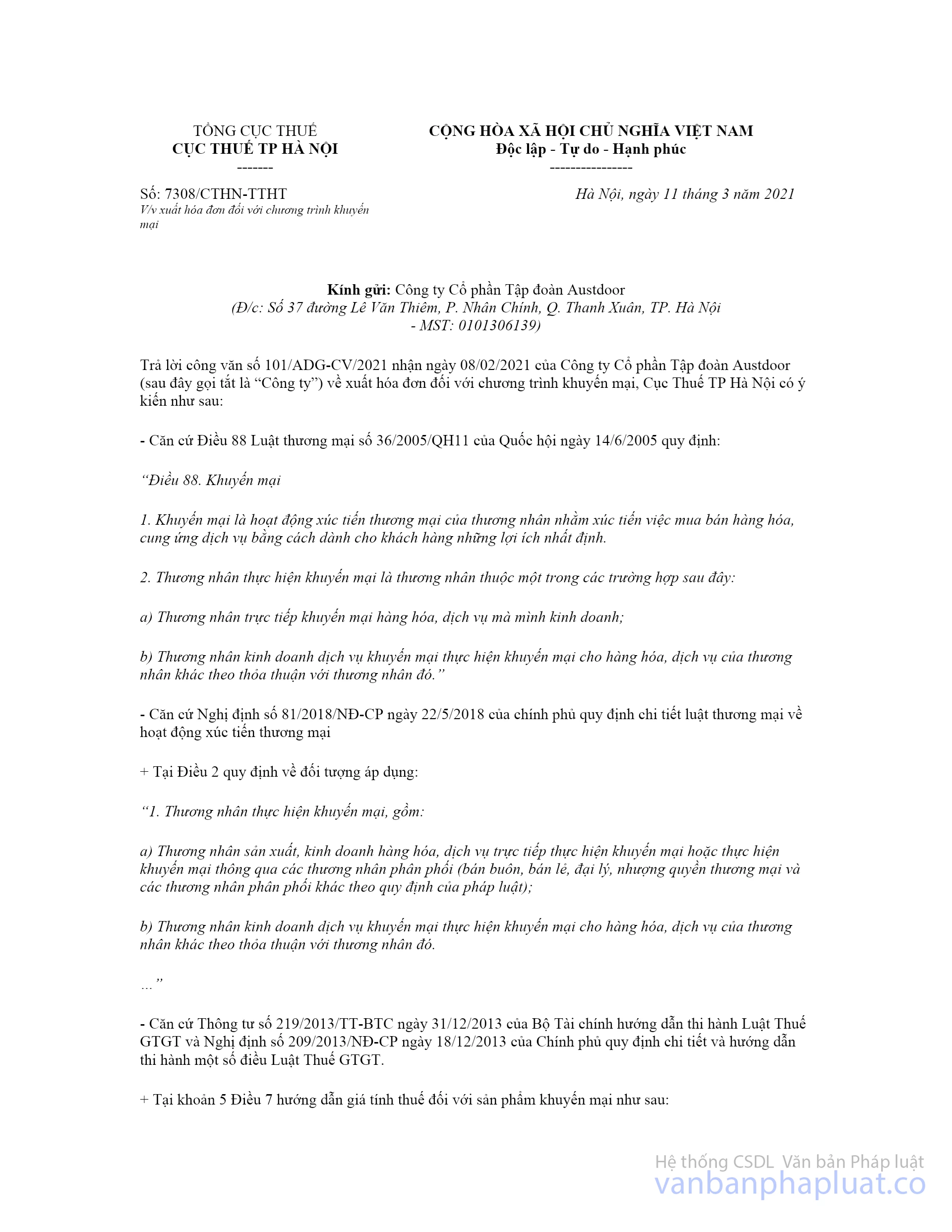 Công văn 7308/CTHN-TTHT 2021 xuất hóa đơn đối với chương trình khuyến ...
