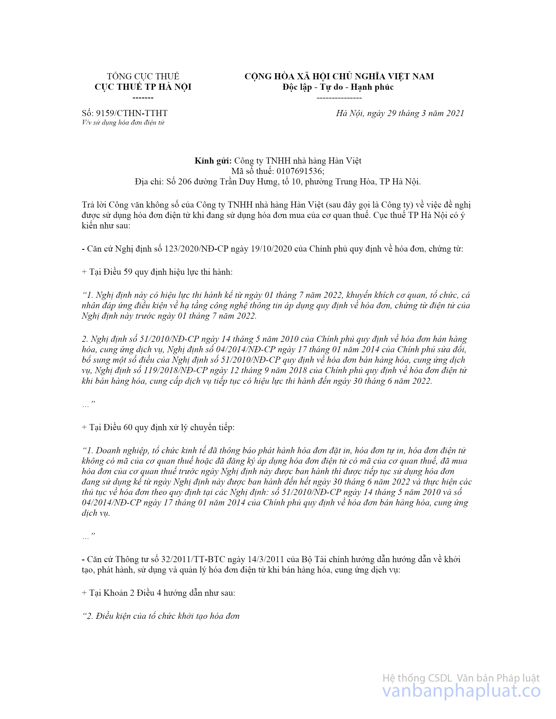 Công văn 9159/CTHN-TTHT 2021 hướng dẫn sử dụng hóa đơn điện tử Cục thuế ...