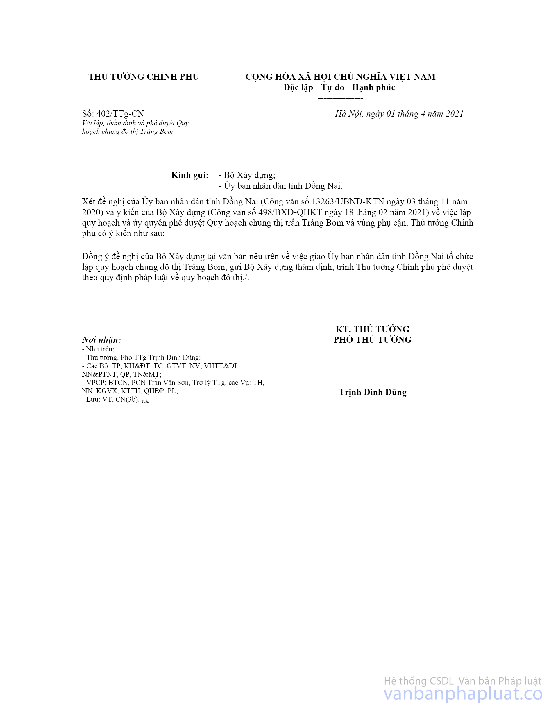 Công văn 402/TTg-CN 2021 lập và thẩm định Quy hoạch chung đô thị Trảng Bom