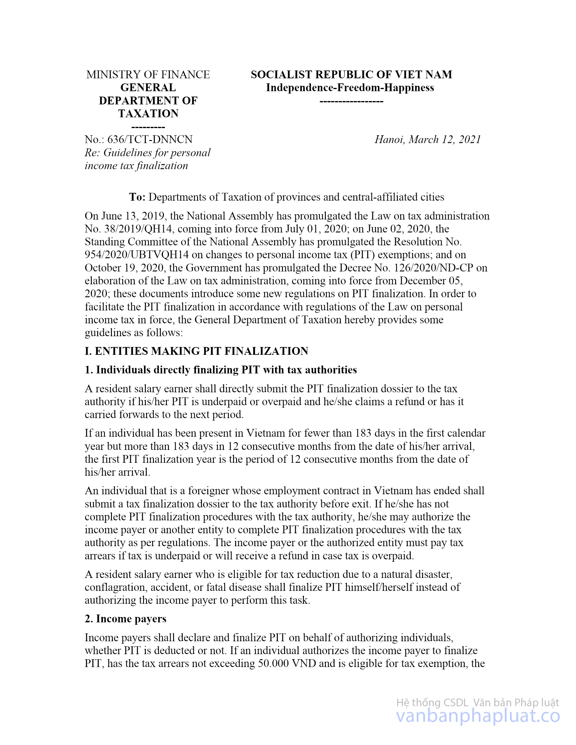 Official Dispatch 636/TCT-DNNCN 2021 guidelines for personal income tax ...