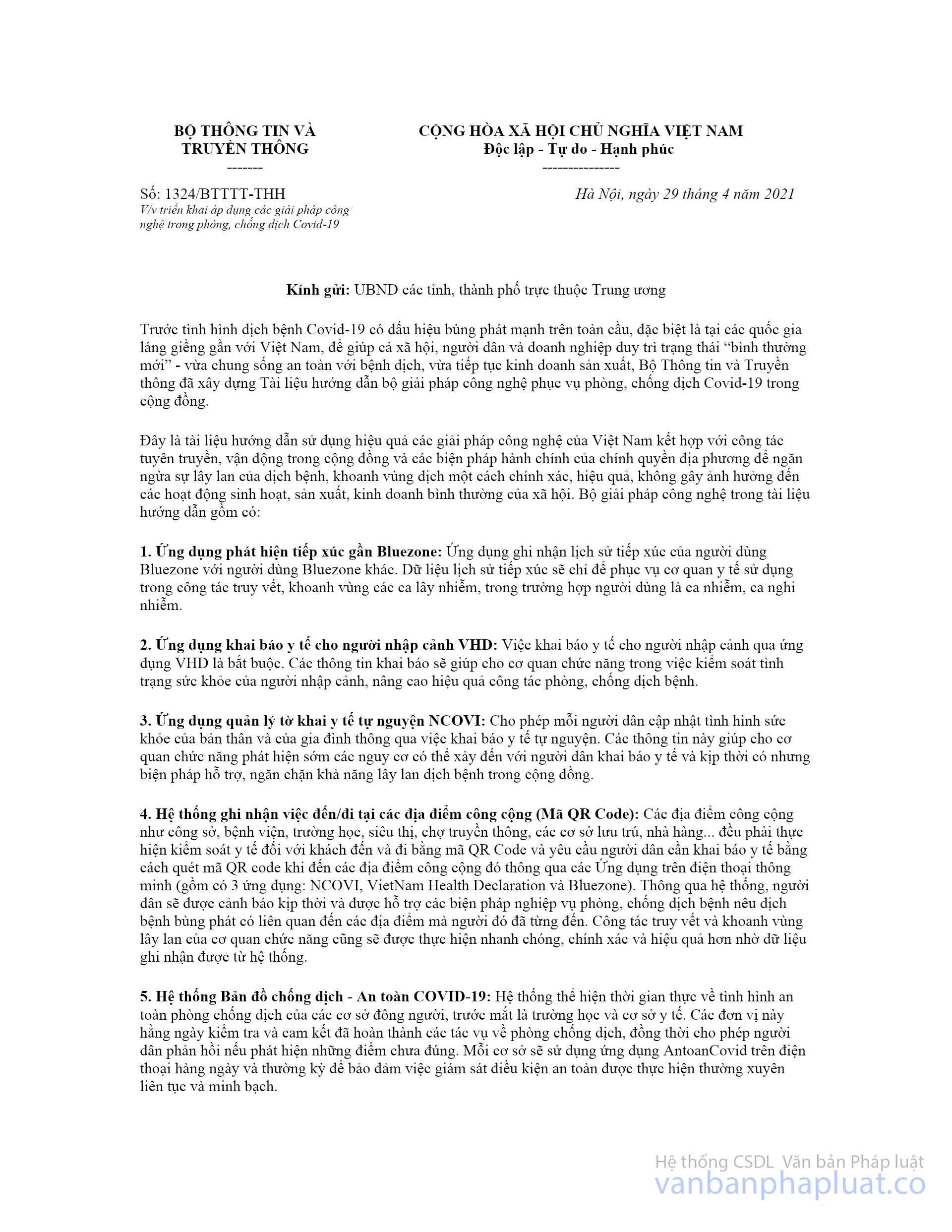 Công văn 1324/BTTTT-THH 2021 áp dụng giải pháp công nghệ trong phòng ...